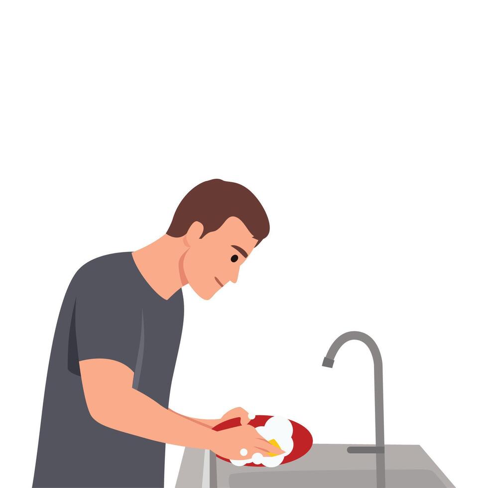 Washing dishes and housework concept. Young smiling man cartoon ... Washing dishes and housework concept. Young smiling man cartoon ...