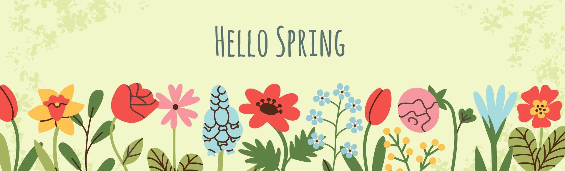 Hello Spring. Vector horizontal spring banner. Floral green background ...