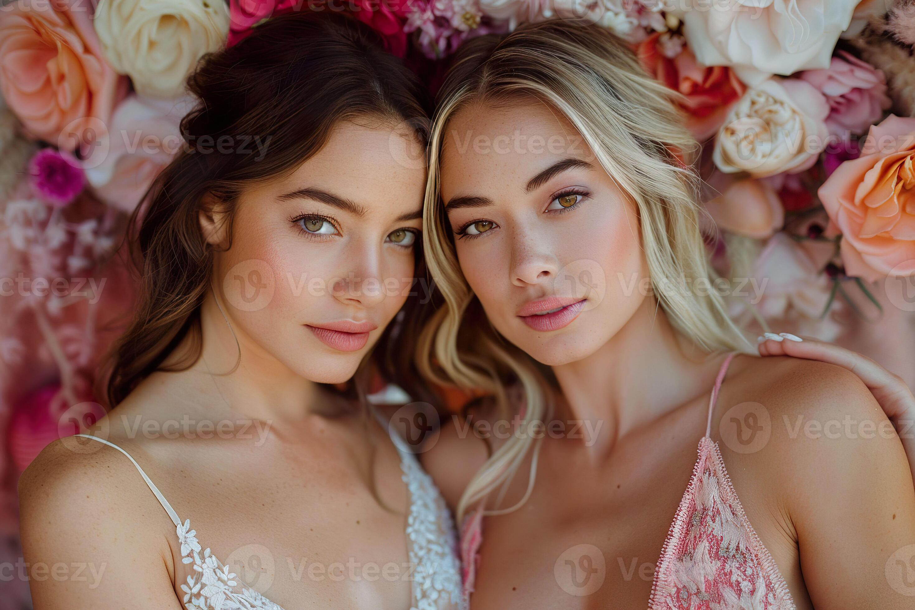 AI generated Two women with floral backdrop beauty portrait. Generative AI. Two Women with ...