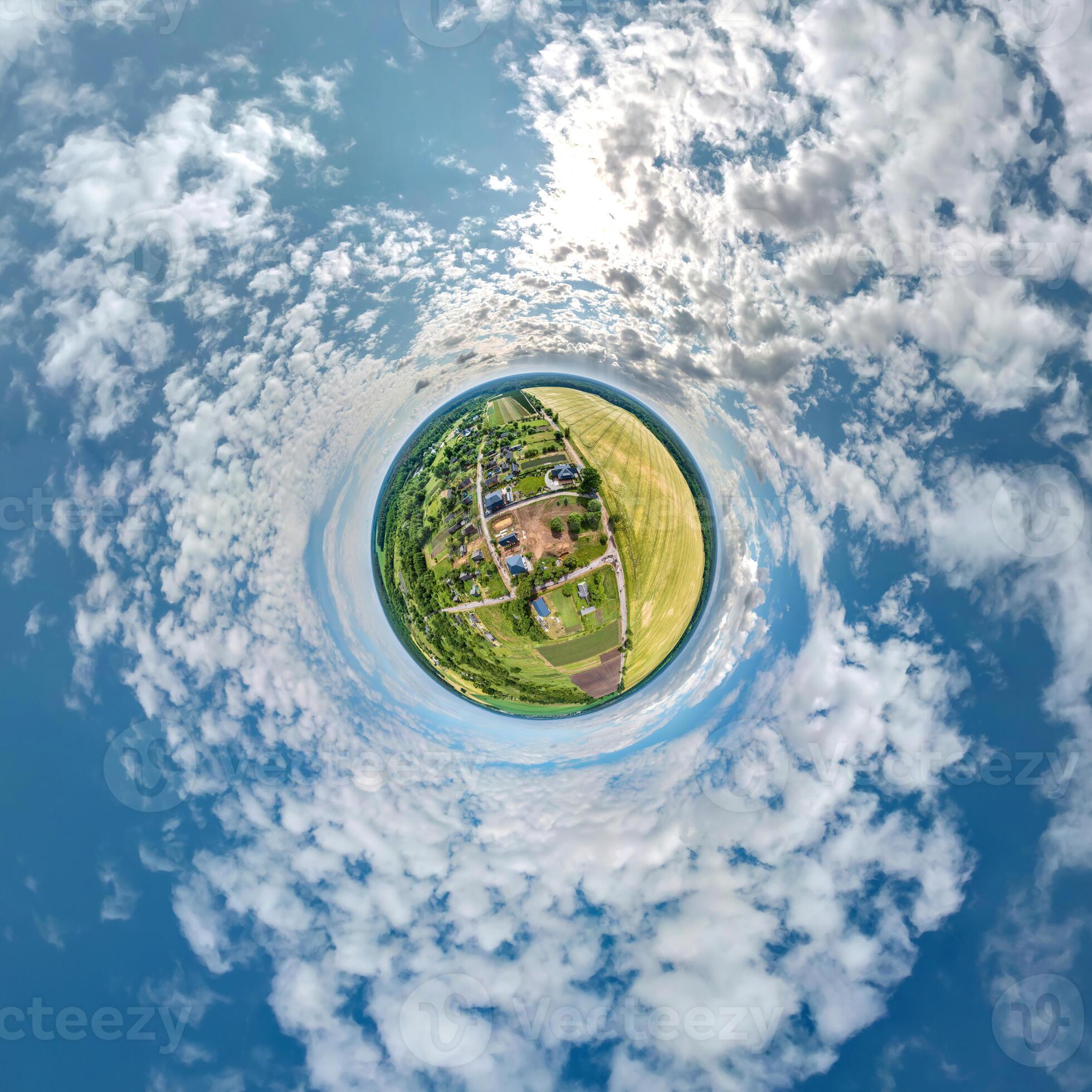 simple tiny planet without buildings in blue sky with beautiful clouds ...
