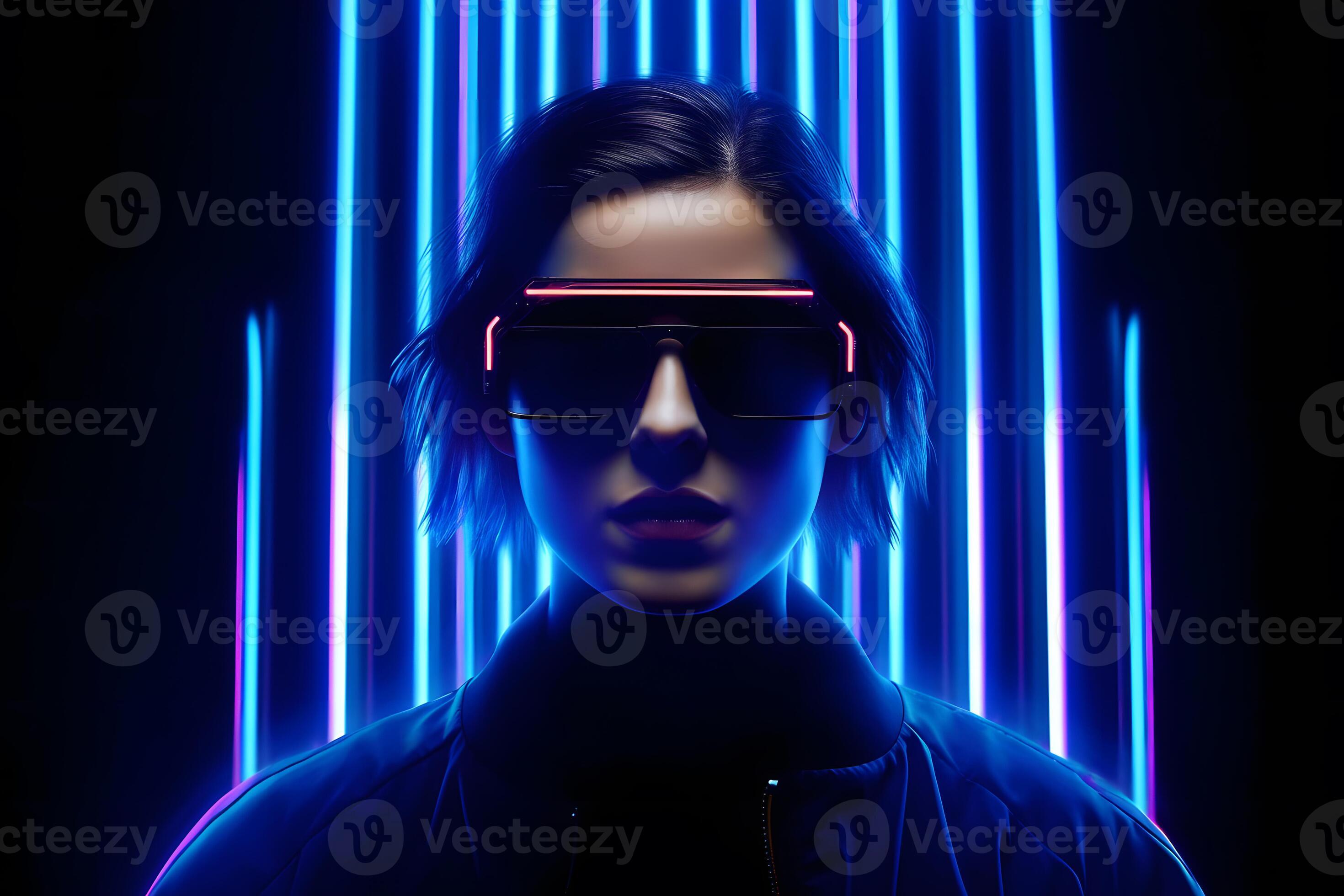 Ai Generated Neon Portrait Of A Girl With Glasses Neural Network Ai