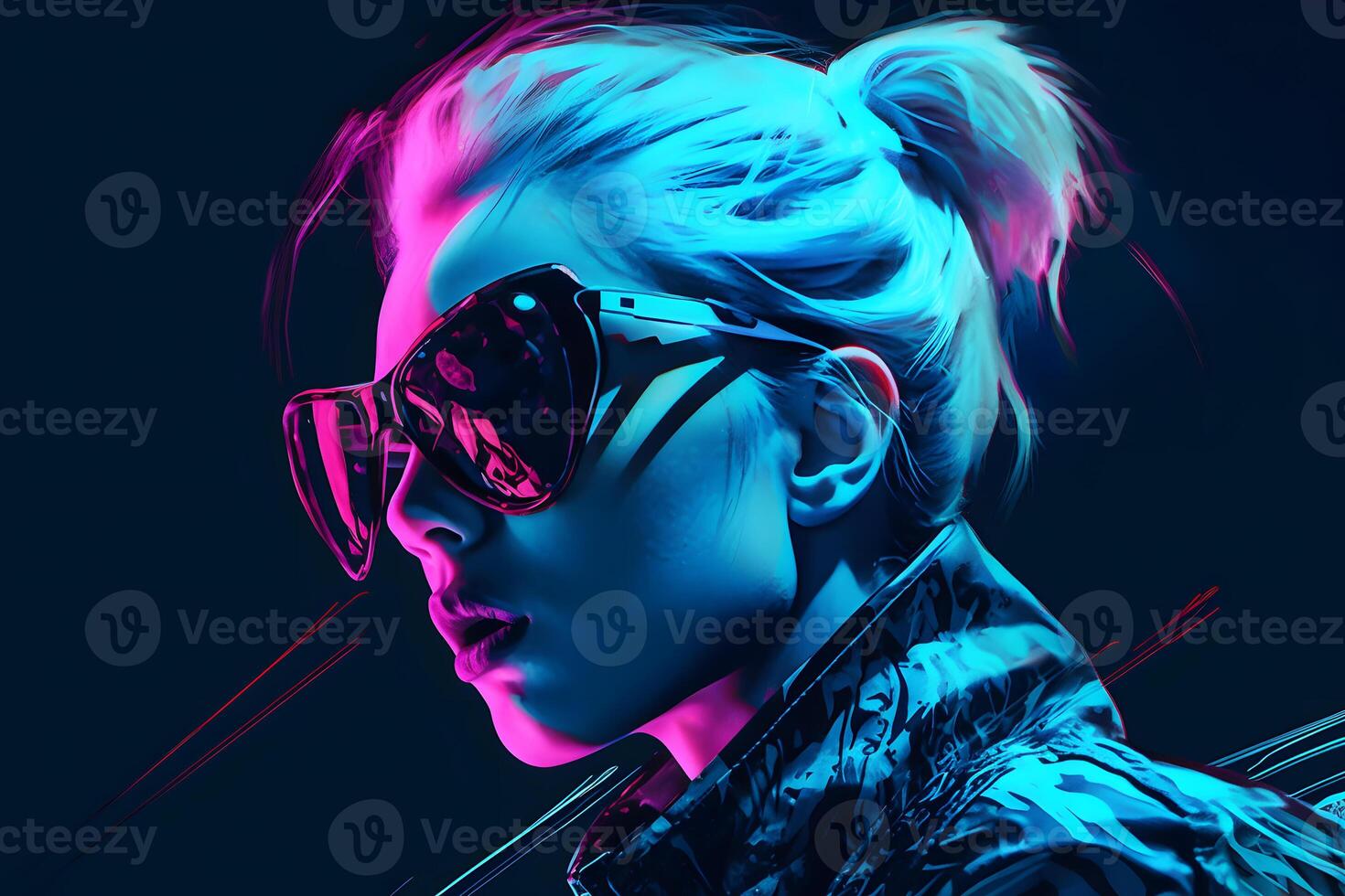 Ai Generated Neon Portrait Of A Girl With Glasses Neural Network Ai