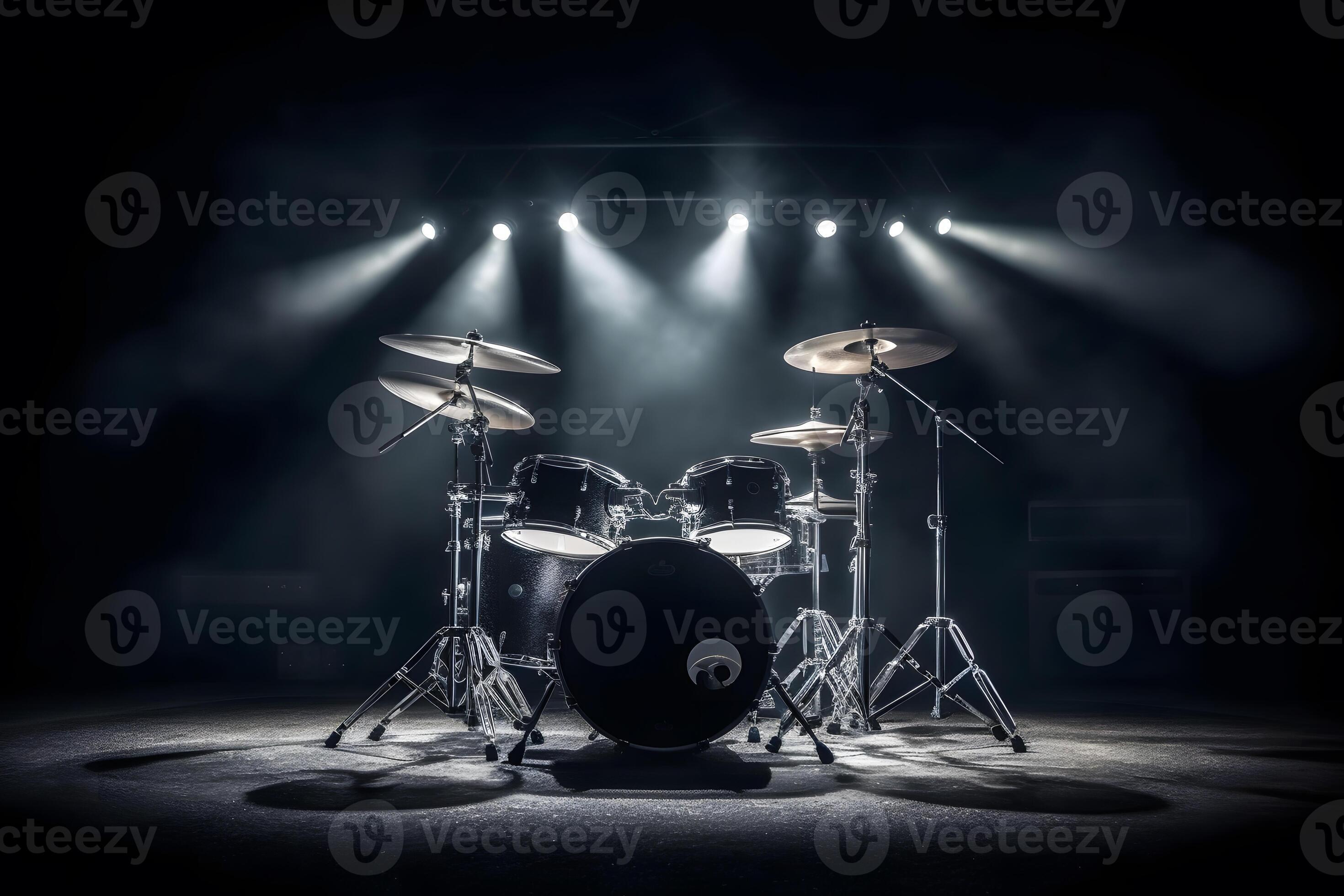AI generated Drum set on dark stage background. Neural network AI ...