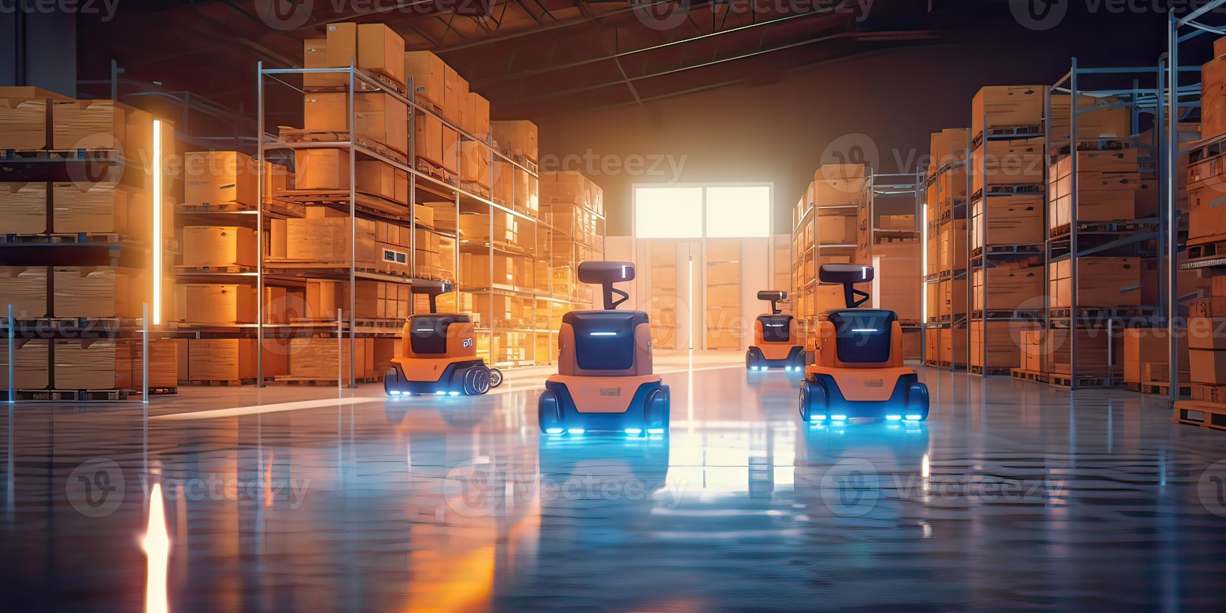 AI generated Automated warehouse. Industrial autonomous warehouse. AGV near shelves with boxes ...