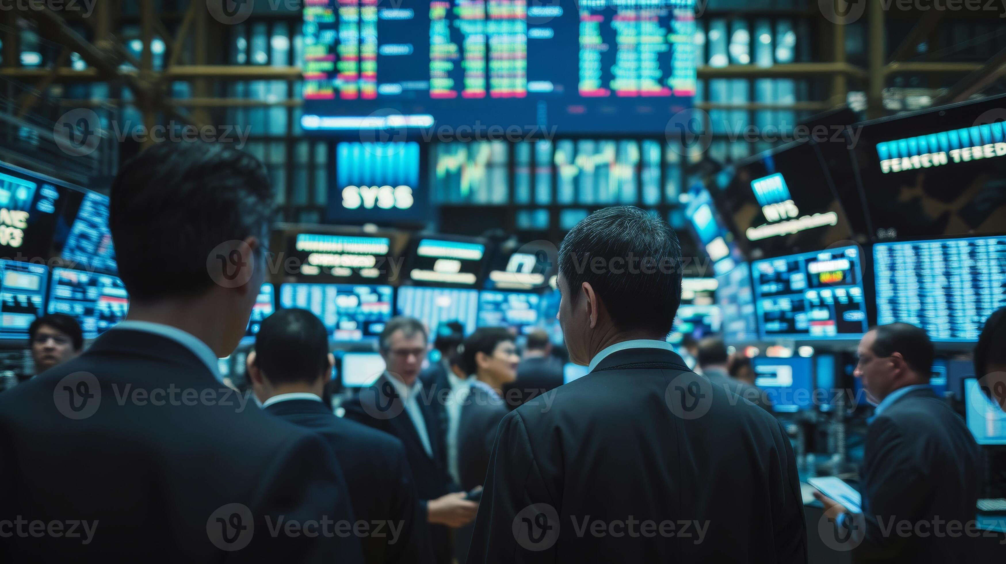 AI generated Busy trading floor with traders communicating and screens showing market data and ...
