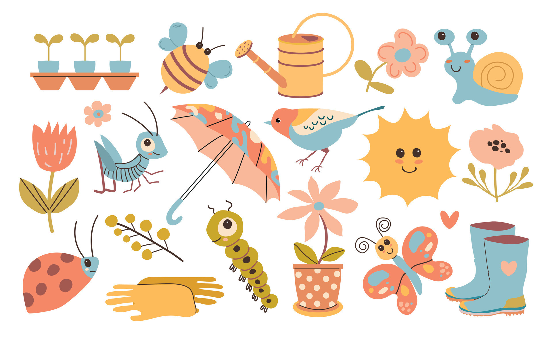 Spring elements. Blooming flower, springtime garden decoration, cute ...