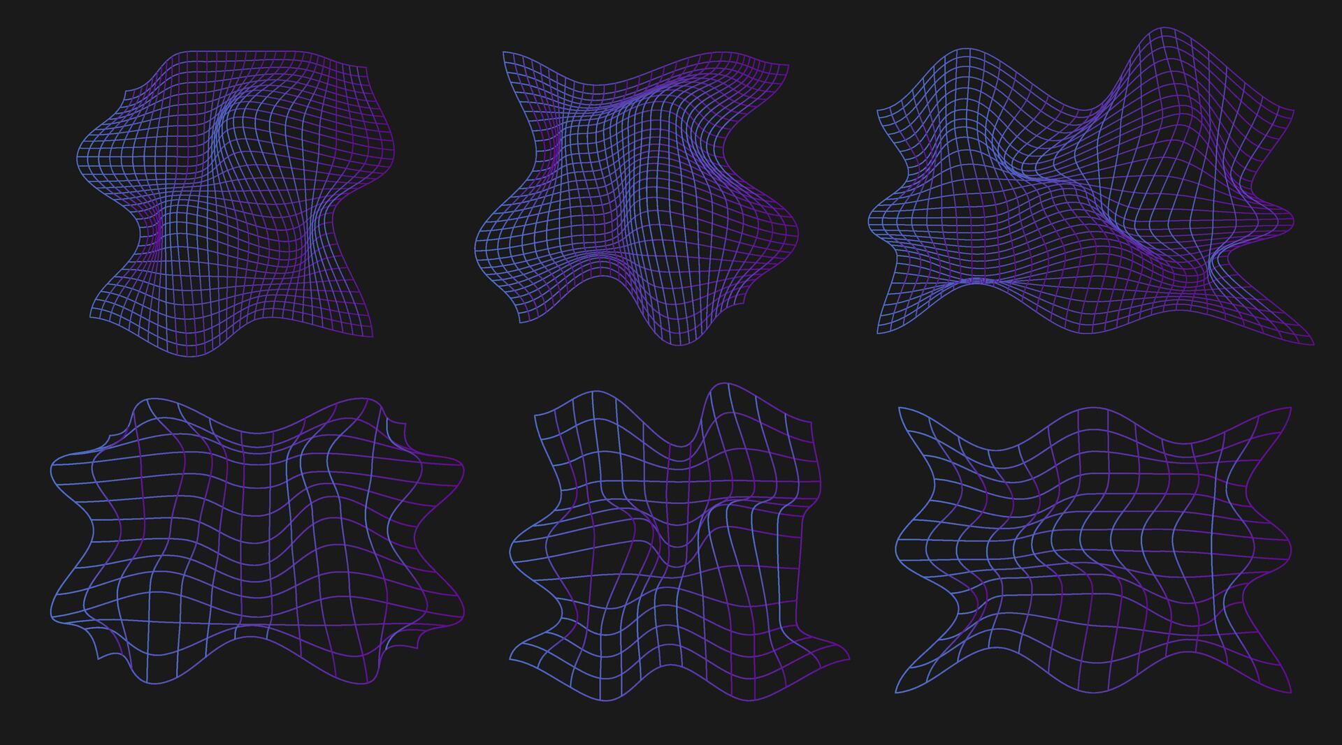 Geometry wireframe shapes and grids in neon purple gradient. 80s cyberpunk line elements vector ...
