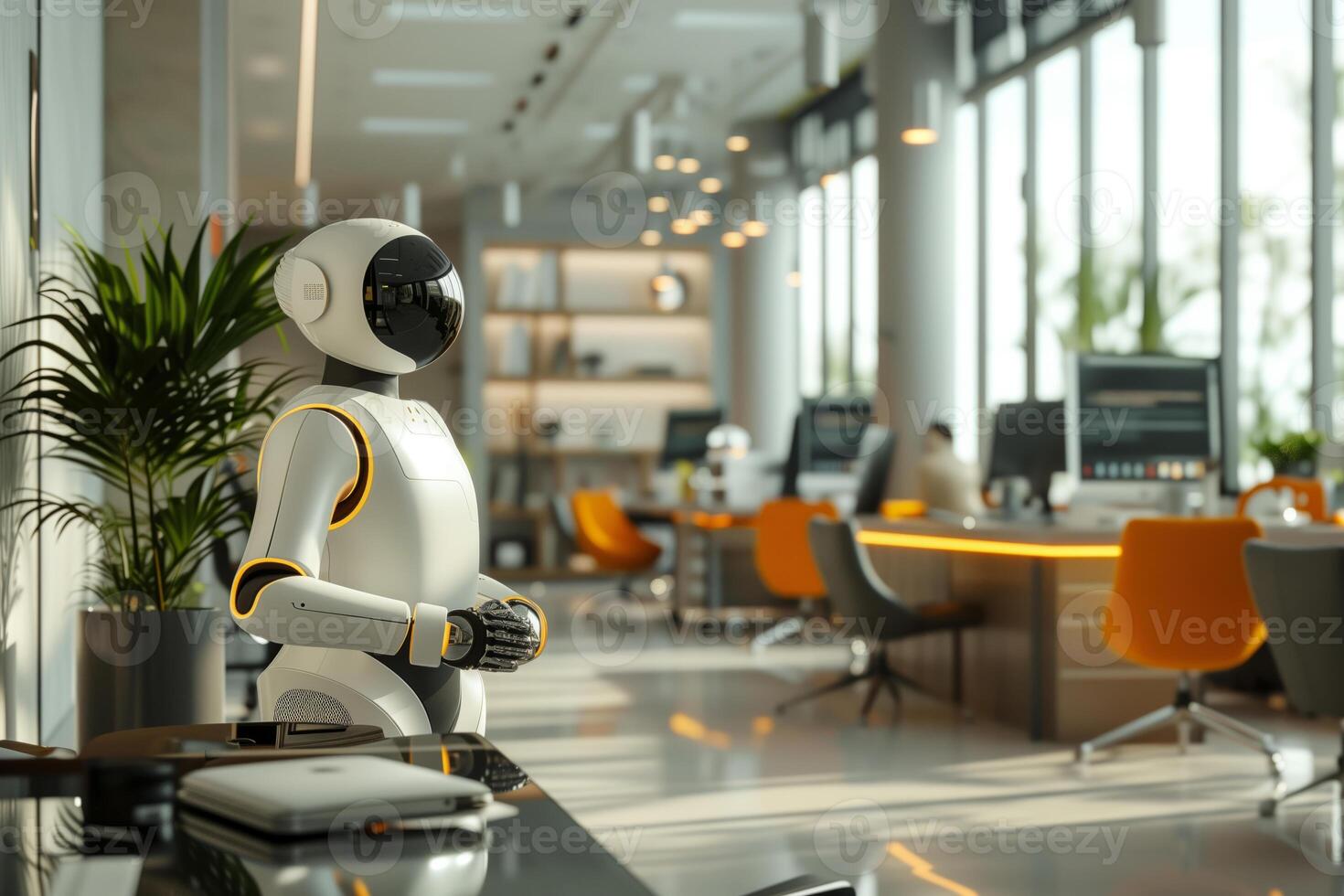 AI generated the dynamic interaction between AI and humans in a modern office. AI robot working ...