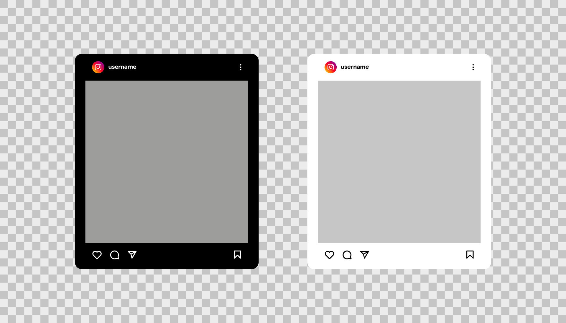 Instragram frame template. Light and dark theme interface. Social media post element ...