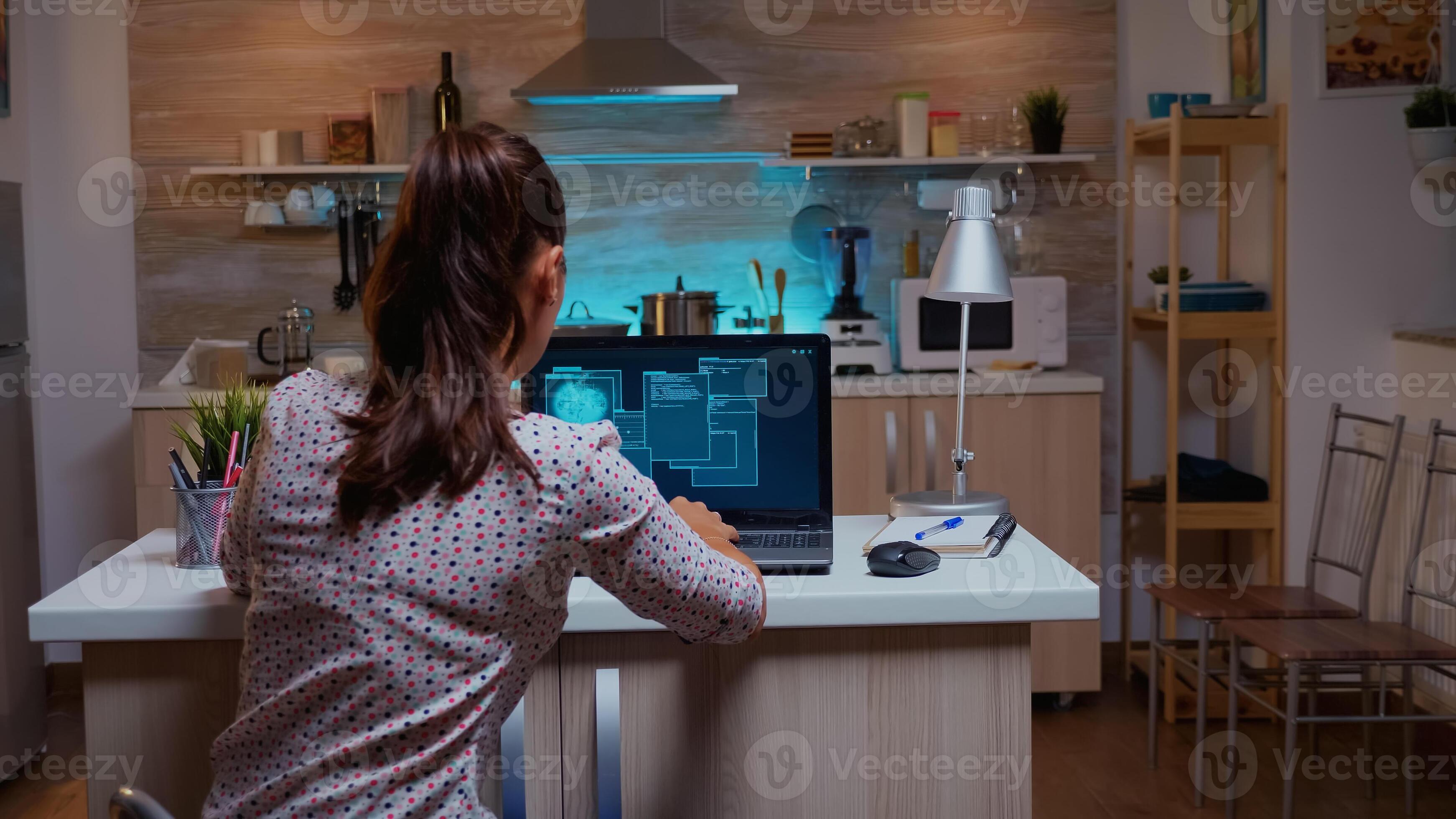 Woman Scrolling Programming Security Hacking Code Data Late At Night On