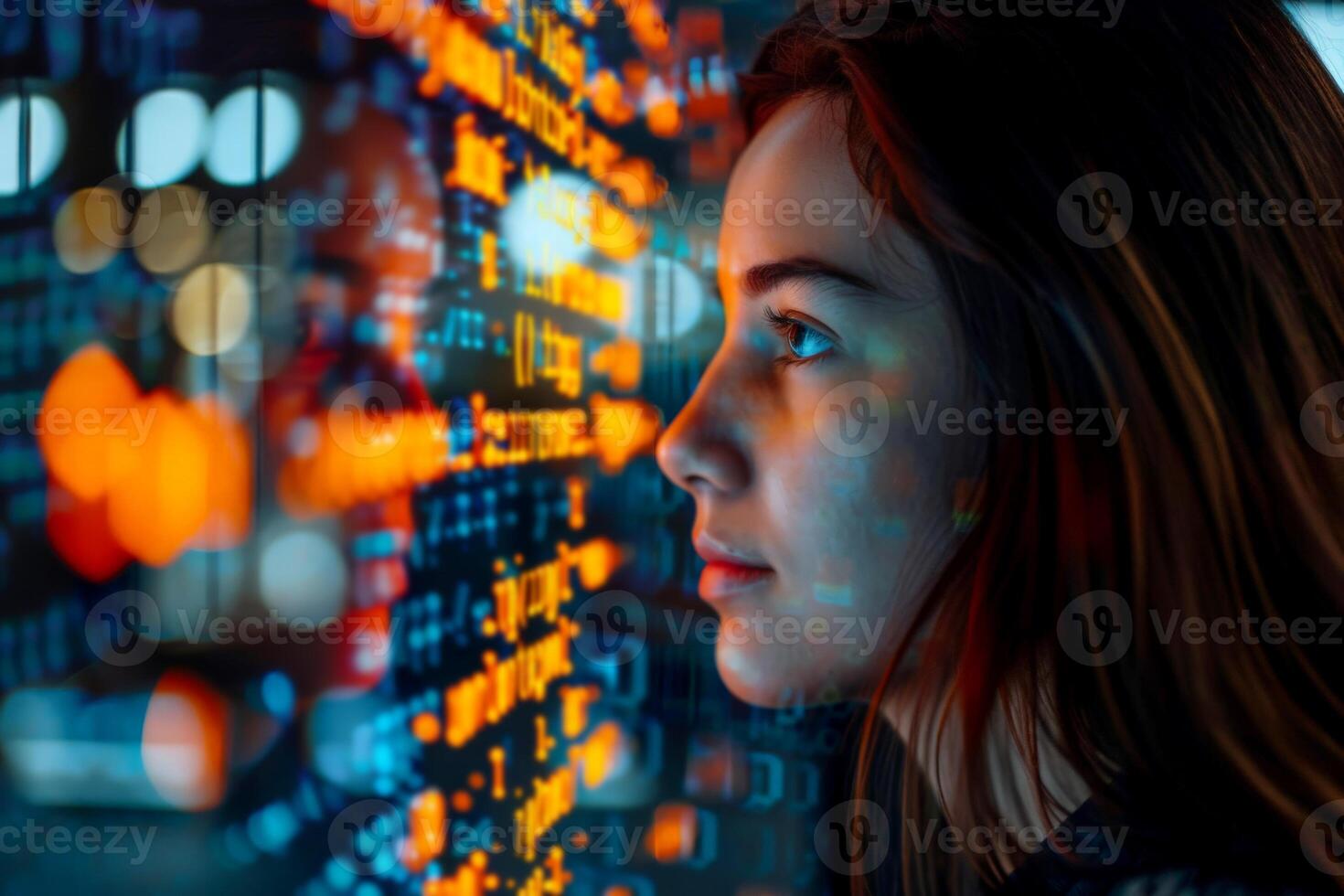 AI generated Smart woman programmer working on Desktop Computer in Data ...