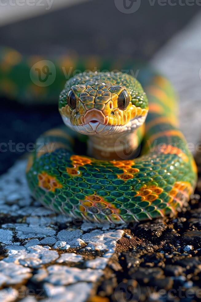 AI generated A snake crawls across a pedestrian crossing on the street ...