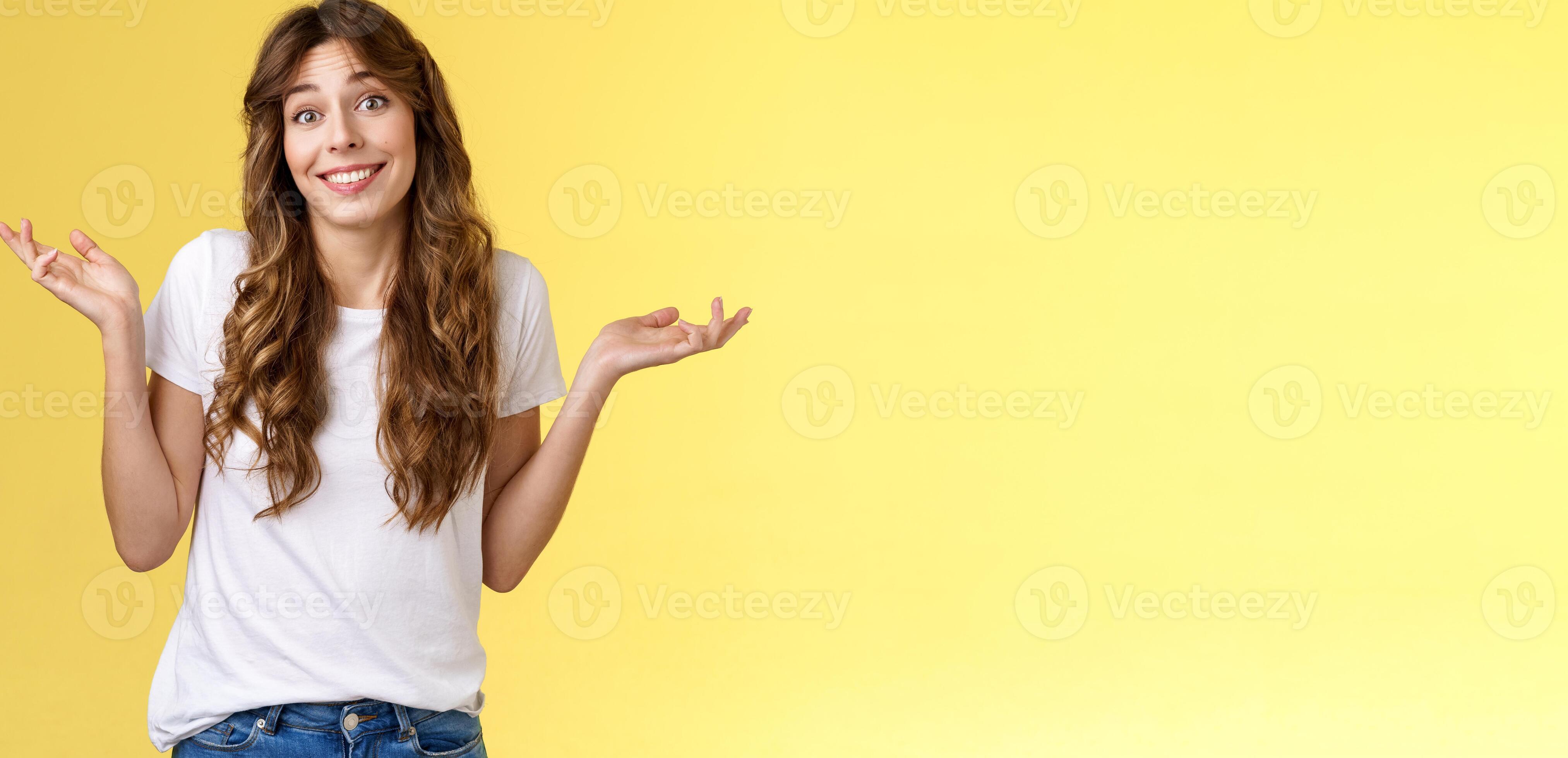 Who cares have fun. Carefree indifferent outgoing happy young woman ...