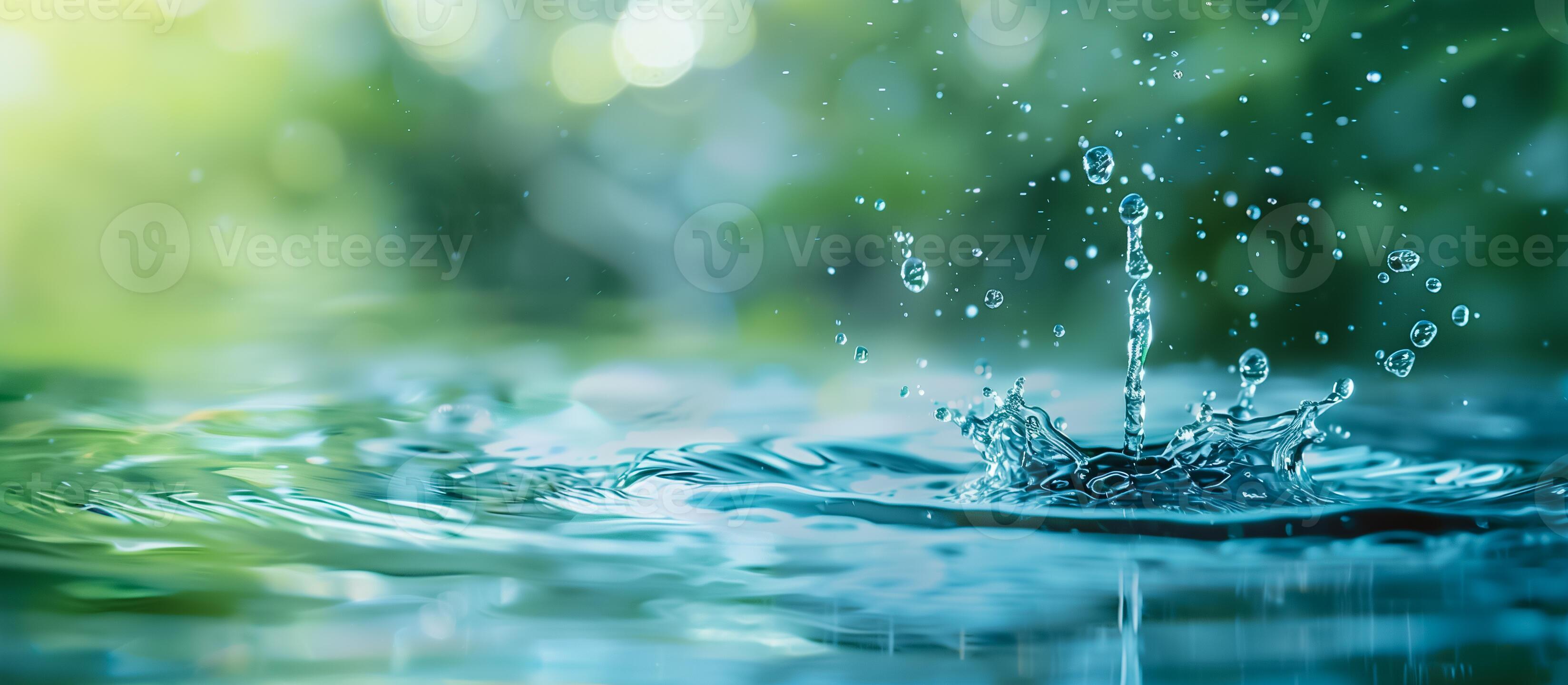 AI generated Crisp water droplets splashing into serene blue water with a sunlit bokeh ...