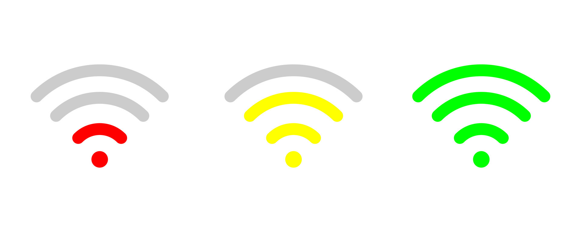 Wi-fi signal strength on white template. Maximum, medium, minimum wireless strength signal ...