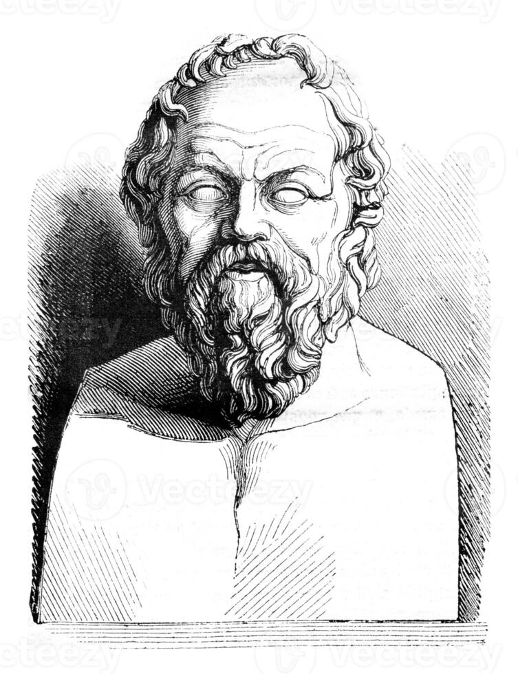 Louvre museum, Ancient bust of Socrates, vintage engraving. 40111709 ...