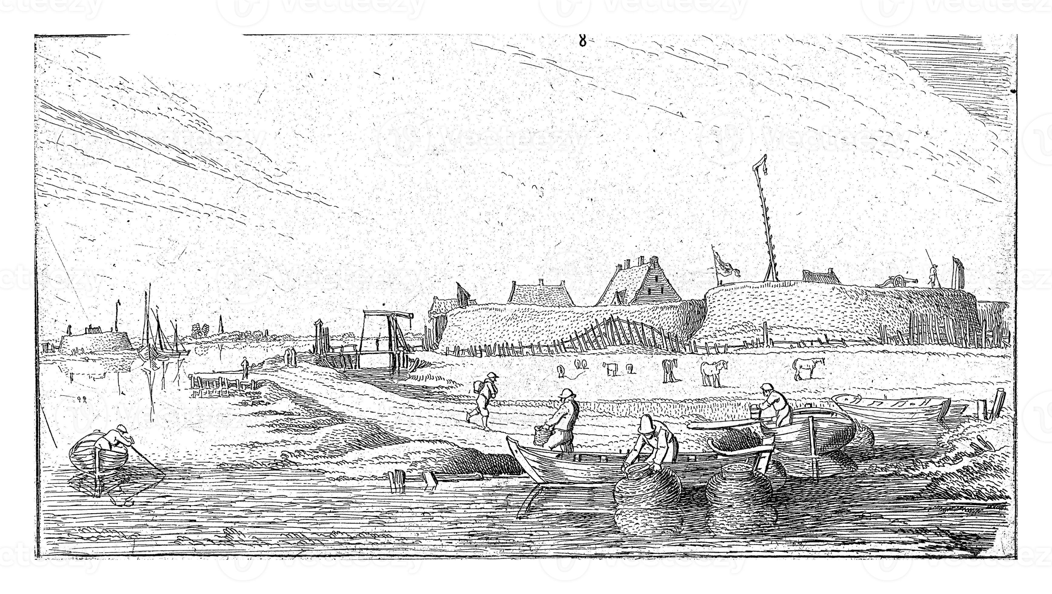 Rowing boats with fishermen in front of a fort on the Scheldt 40116670 ...