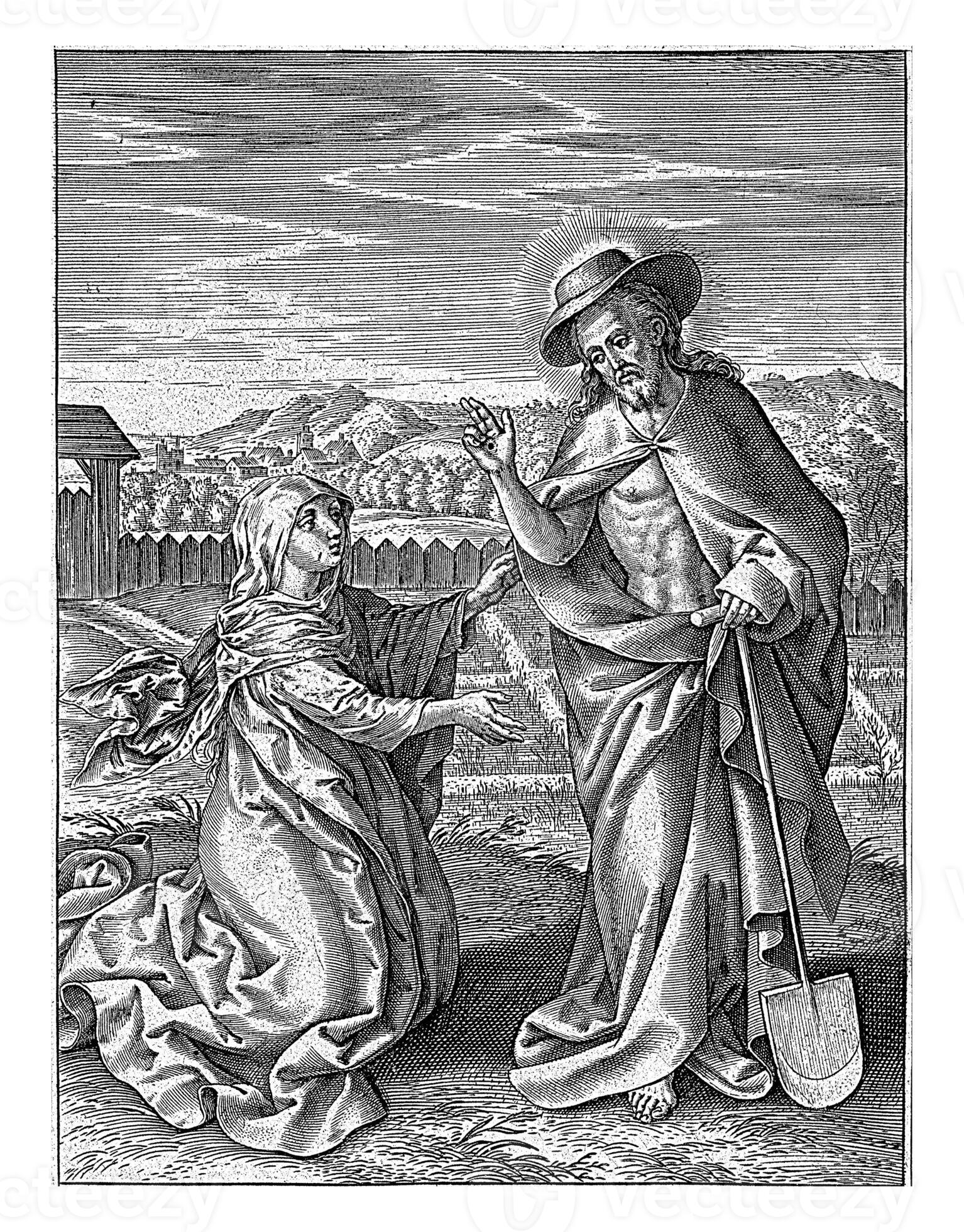 Christ appears as a gardener to Mary Magdalene, Hieronymus Wierix, after Maerten de Vos, 1563 ...