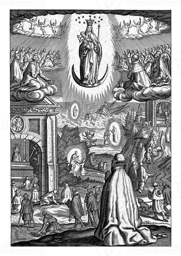Emblem with Mary and Child venerated by souls in heaven and a man ... Emblem with Mary and Child venerated by souls in heaven and a man ...