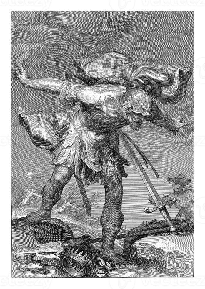 King Saul plunges into his sword, Willem Isaacsz. van Swanenburg, after Abraham Bloemaert, 1611 ...