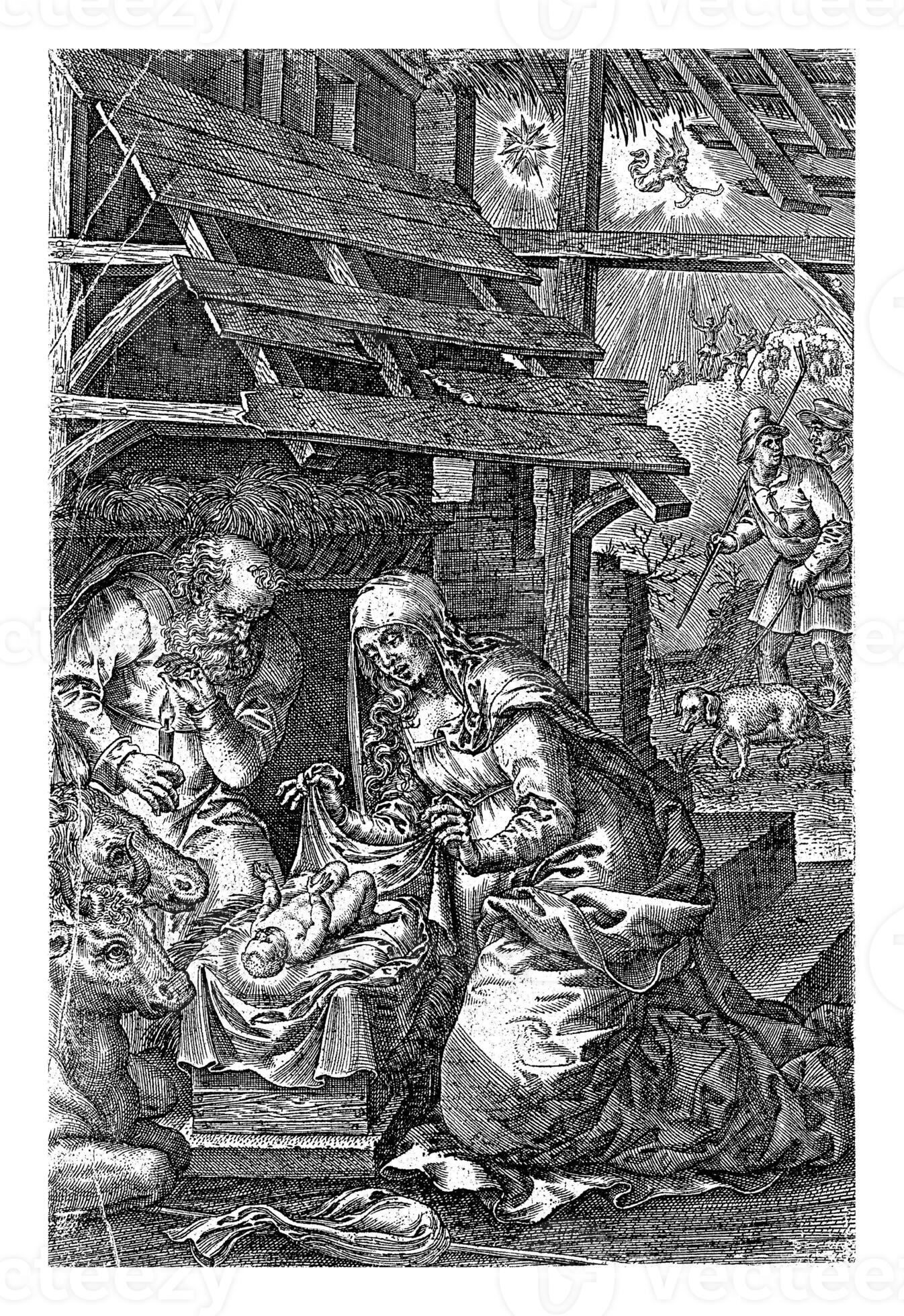 Birth of Christ, Johannes Wierix, after Pieter van der Borcht I, 1573 The Virgin puts a sheet ...