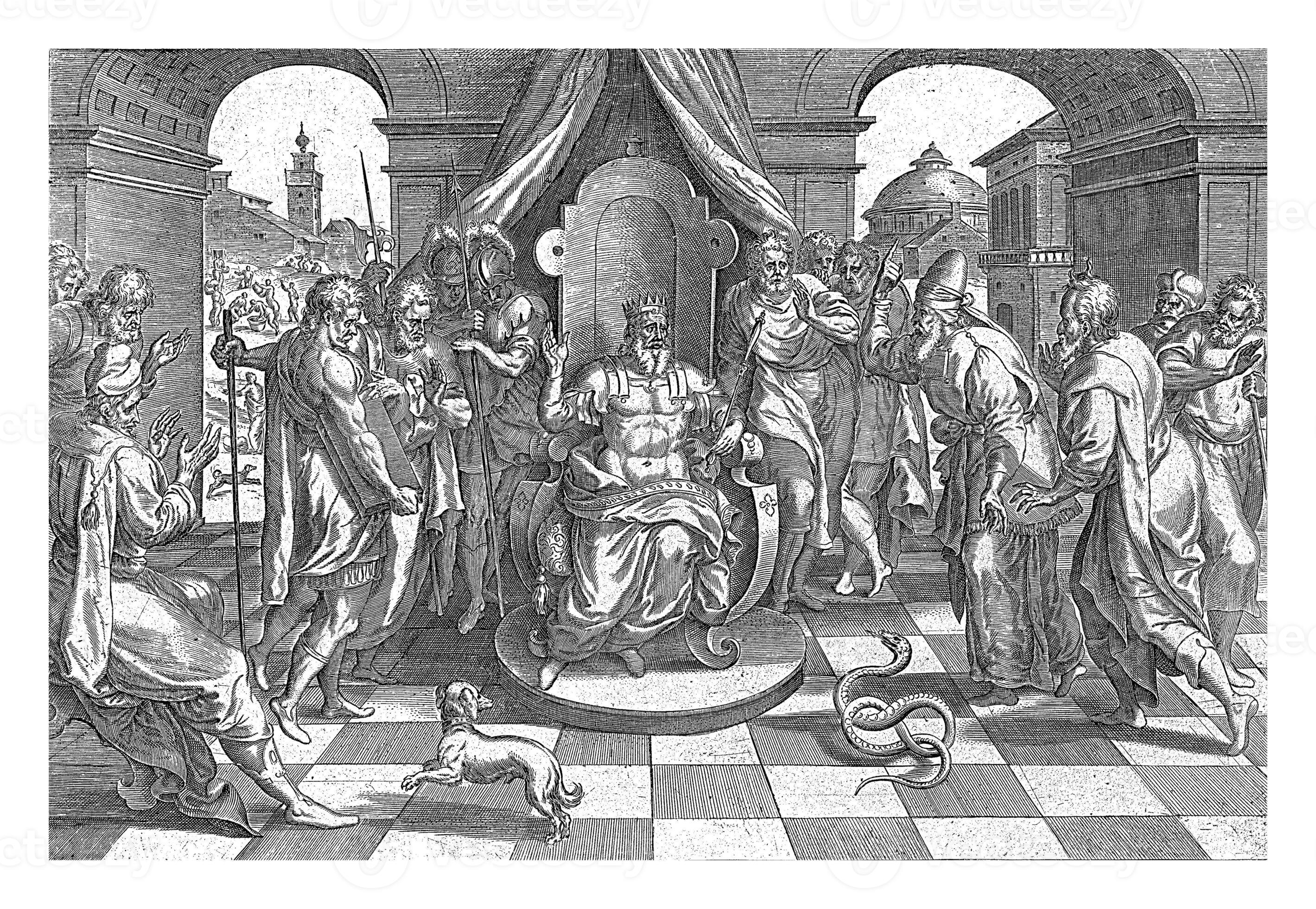 Moses and Aaron with the Pharaoh, Johannes Wierix, after Marten van Cleve I, 1579 40124622 Stock ...