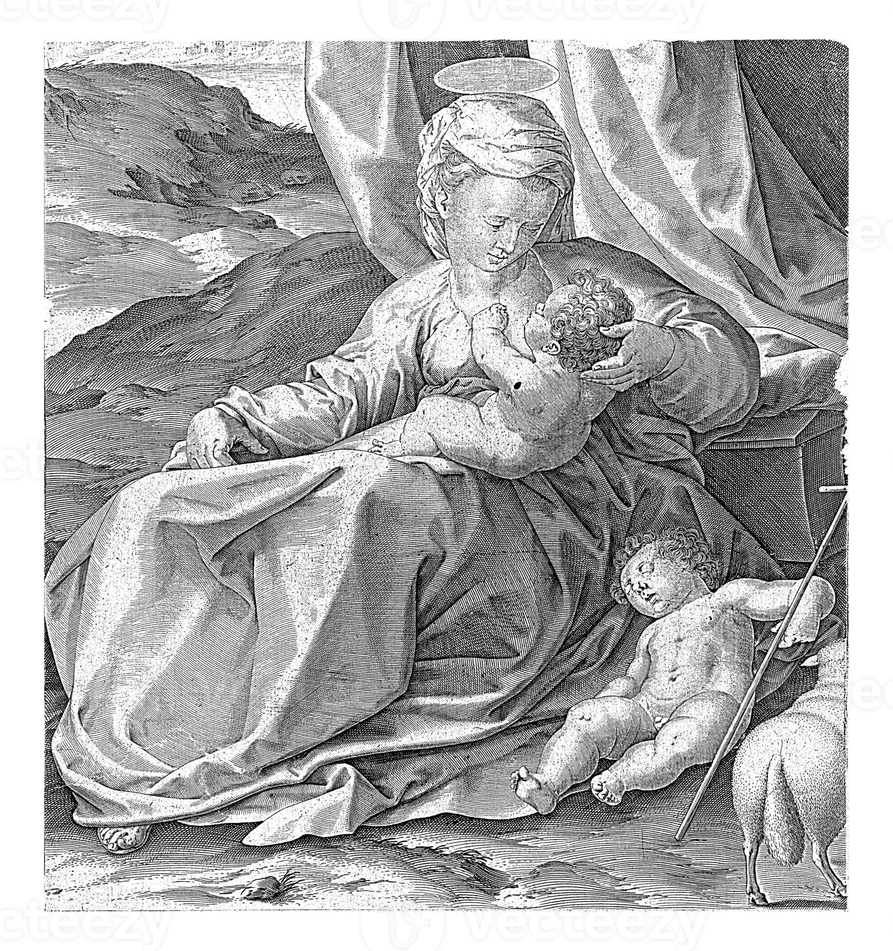 Mary with the Christ Child and the Young John the Baptist, Antonie Wierix II, after Luca ...