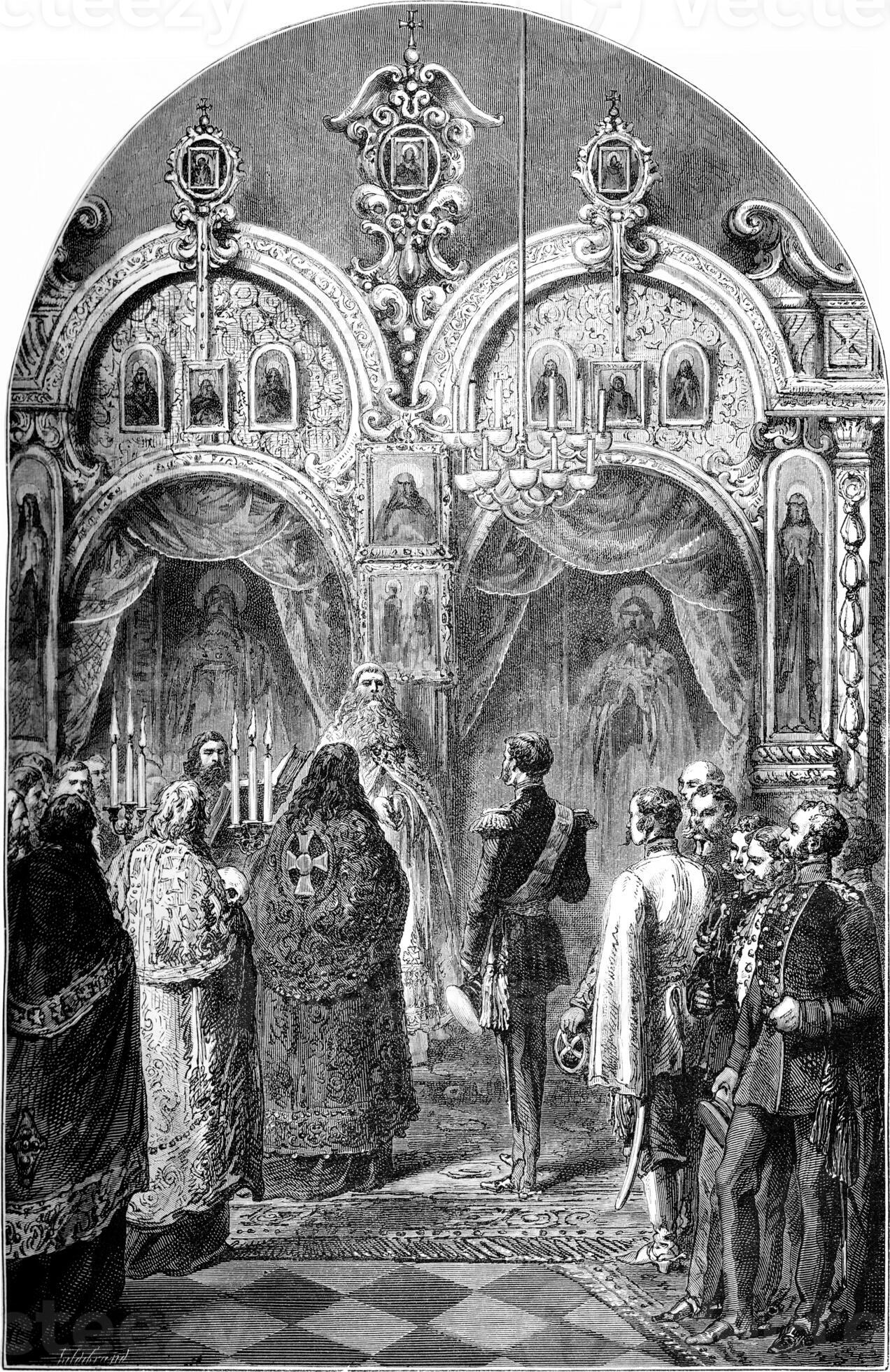 Alexander II visiting the relics of St. Zosima, the monastery of Solovetsk, vintage engraving ...
