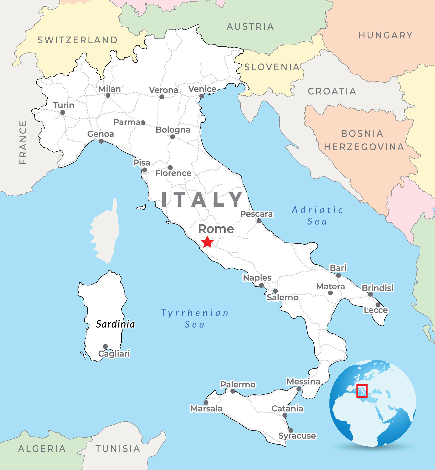Italy map with capital Rome, most important cities and national borders ...