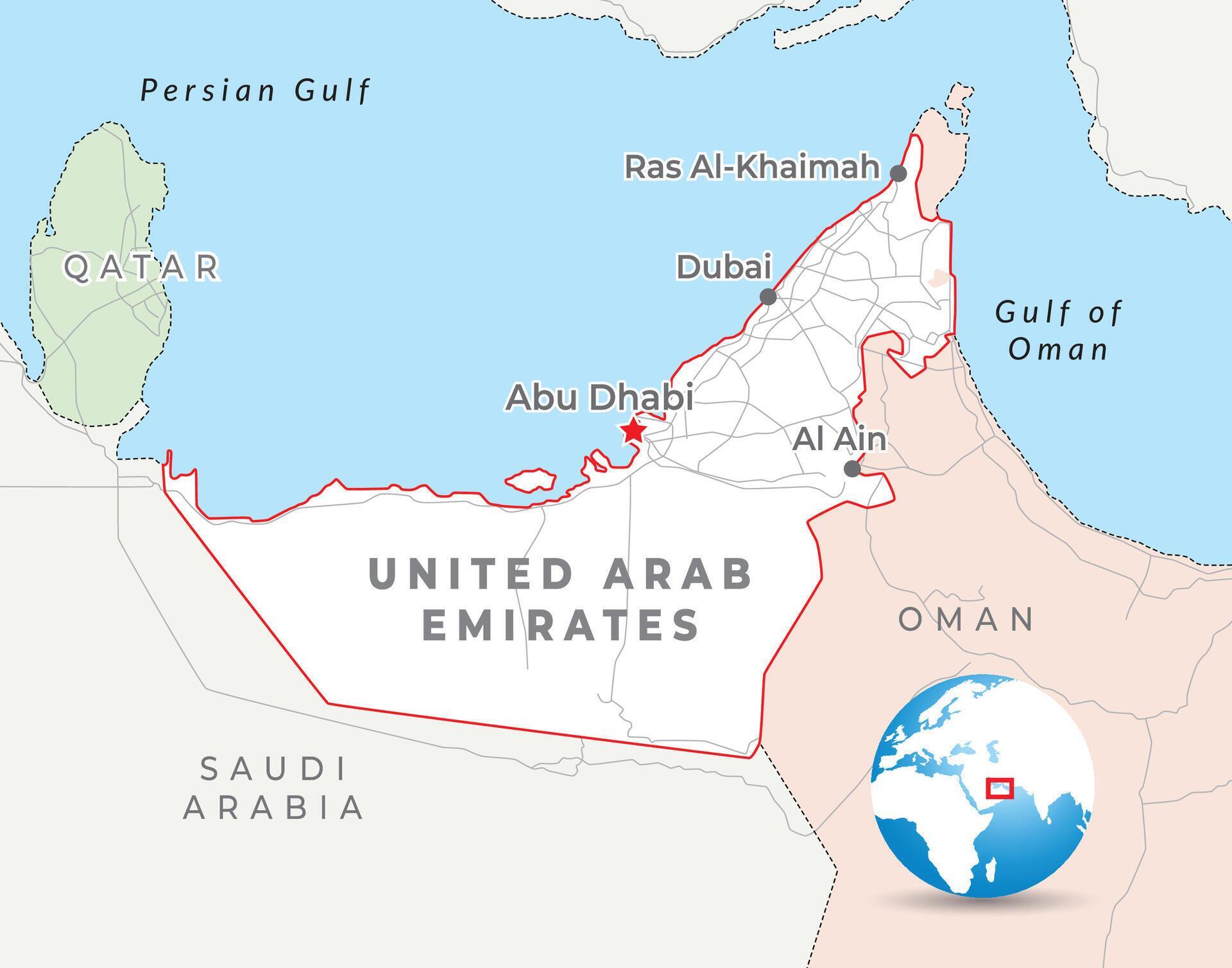 United Arab Emirates map with capital Abu Dhabi, most important cities ...
