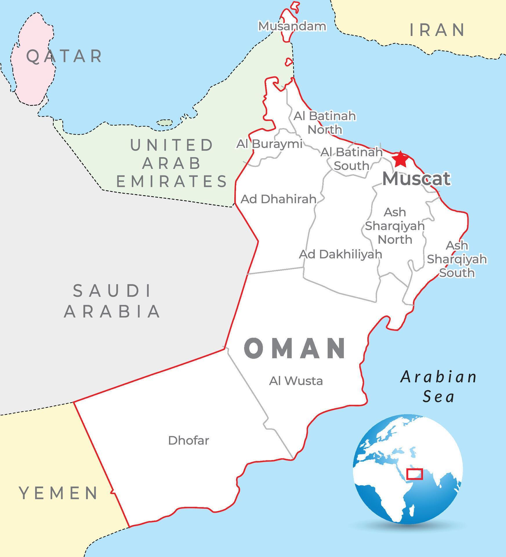 Oman map with capital Muscat, most important cities and national borders 40137443 Vector Art at ...