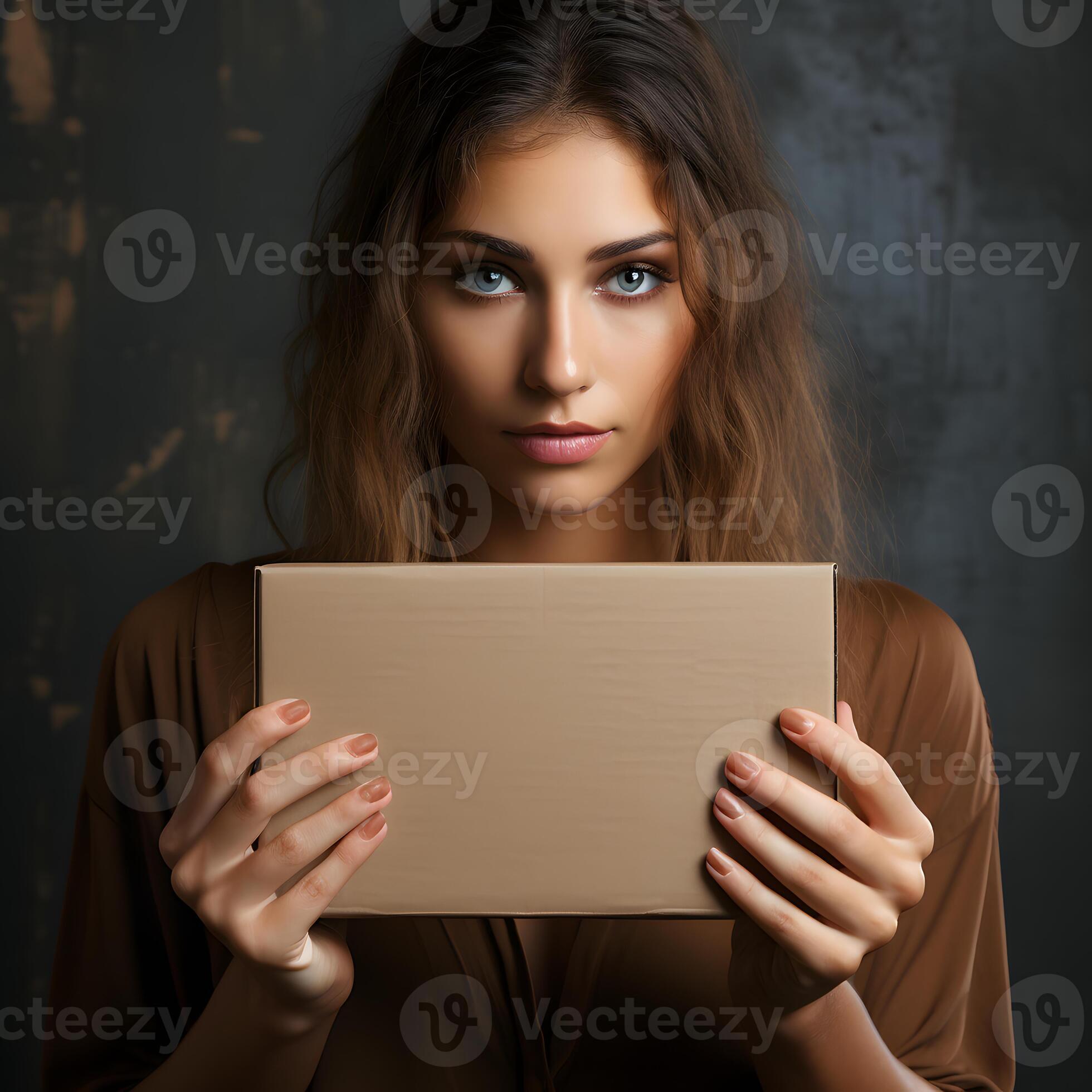 Ai Generated Woman Holding A Plain Cardboard Box Generative Ai