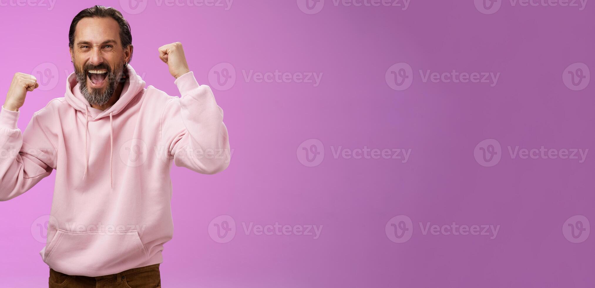 Cheerful Supportive Manly Mature Adult Bearded Guy Fan Yelling Raising
