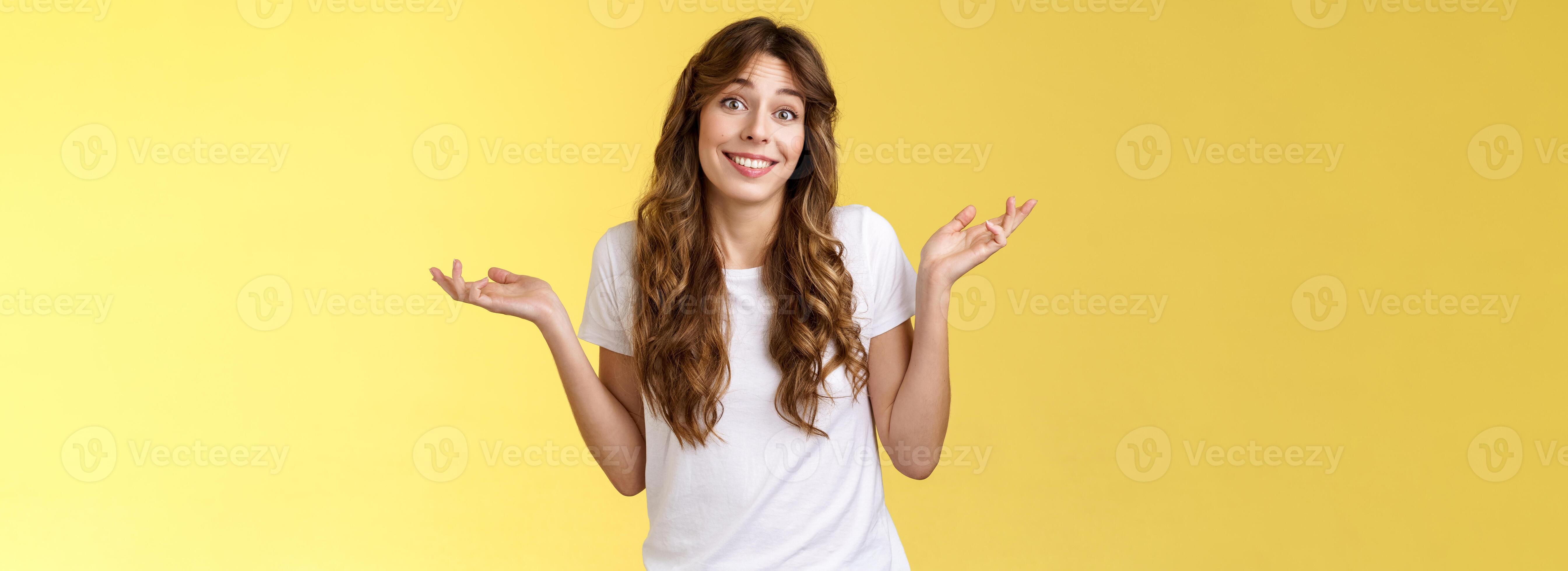 Who cares have fun. Carefree indifferent outgoing happy young woman ...