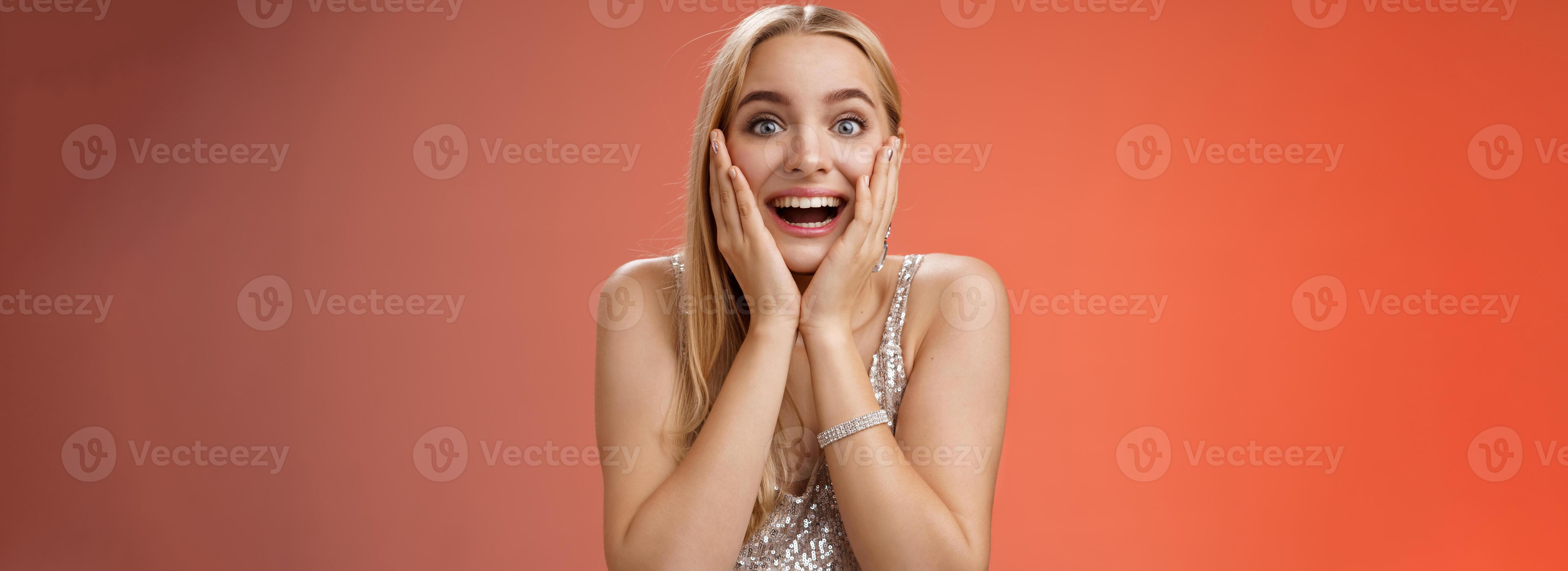 Amazed Speechless Excited Attractive Young Woman Blond Long Hair Press