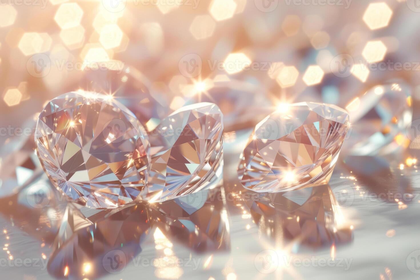 AI generated Polished sparkling diamonds scattered on a reflective surface. Precious diamonds ...