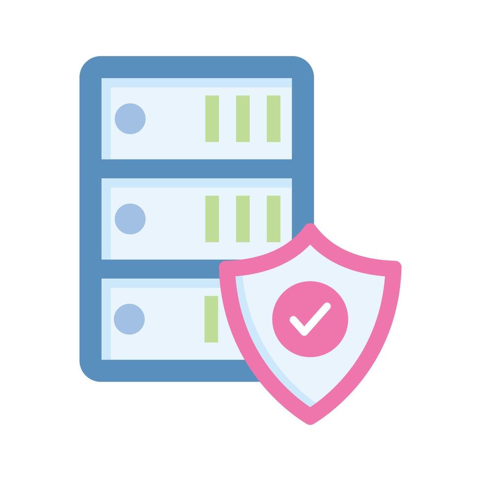 Protection shield with database servers showing concept flat icon of secure server, database ...