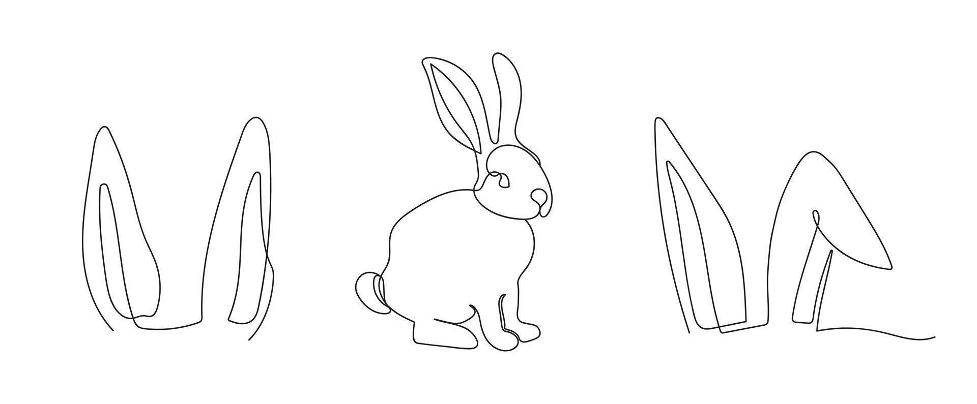 Set of rabbit and bunny ears. Continuous one line drawing. Simple line art. Isolated on white ...