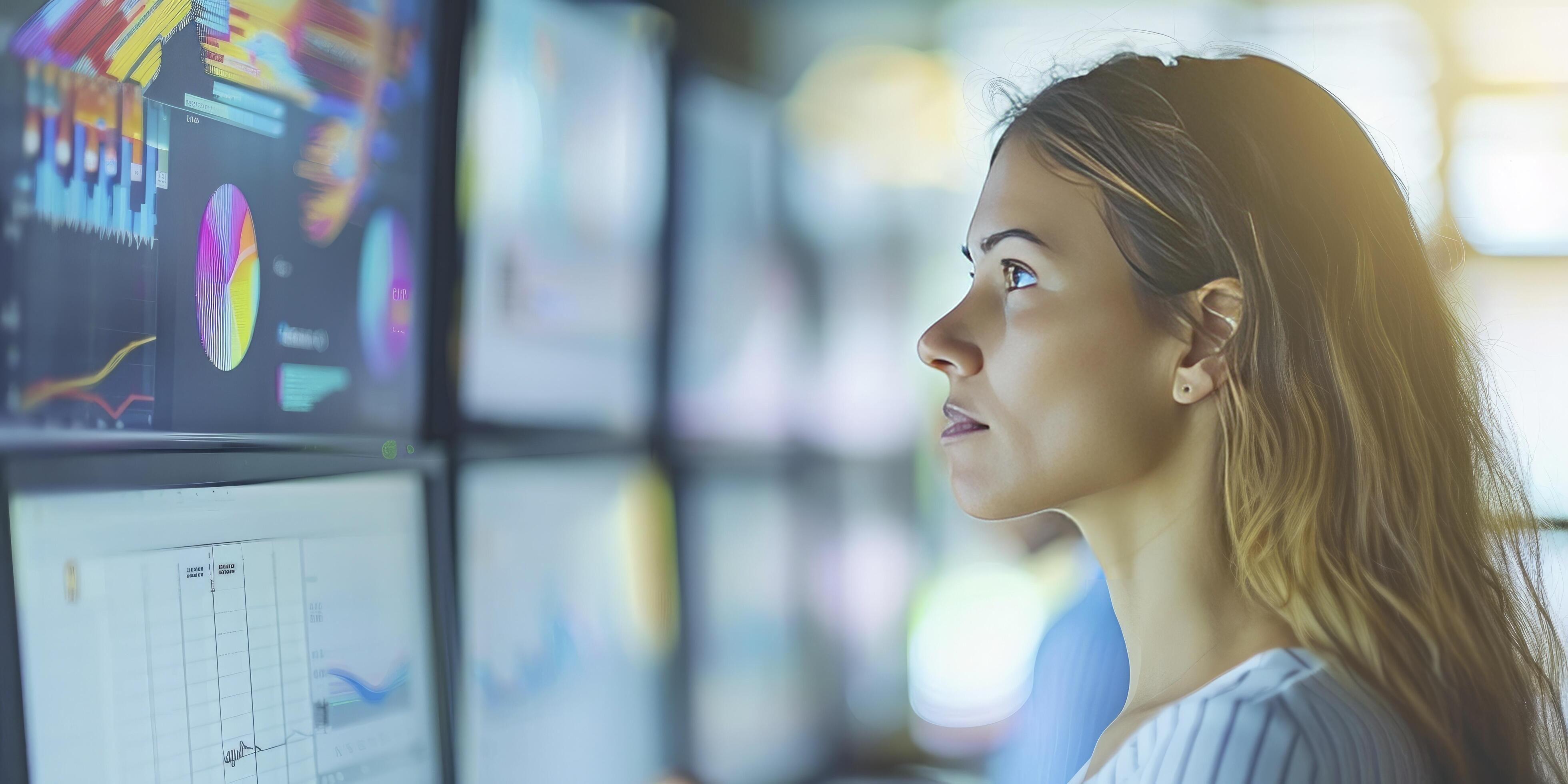 ai generado hembra datos científico analizando riesgo administración informes en grande digital ...