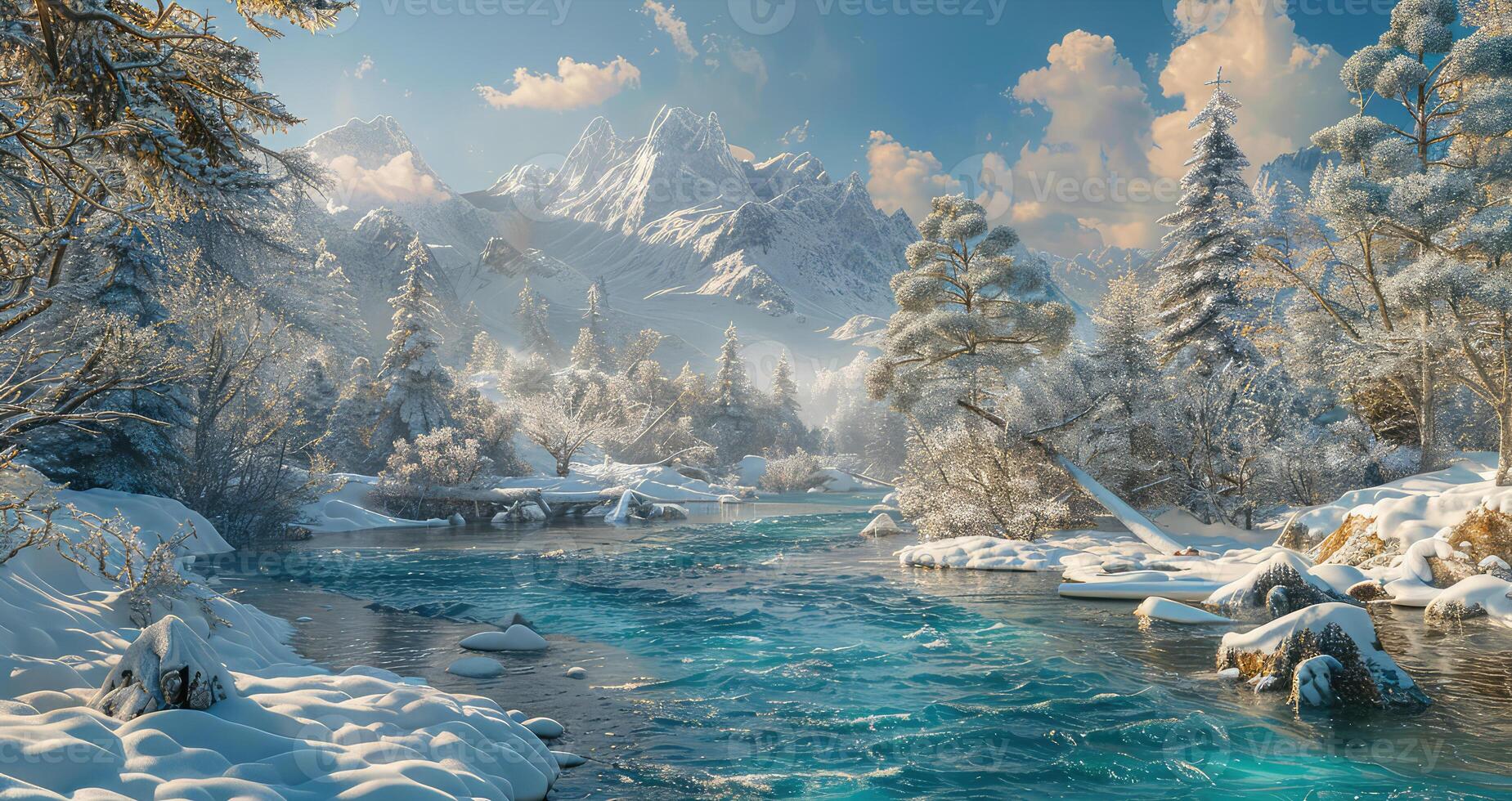 AI generated winter landscape with river and snow covered trees ...
