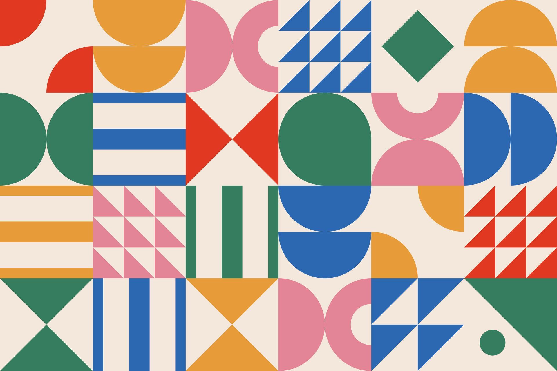 Colorful Abstract Pattern Of Various Shapes Circles Squares Triangles And Half Circles On