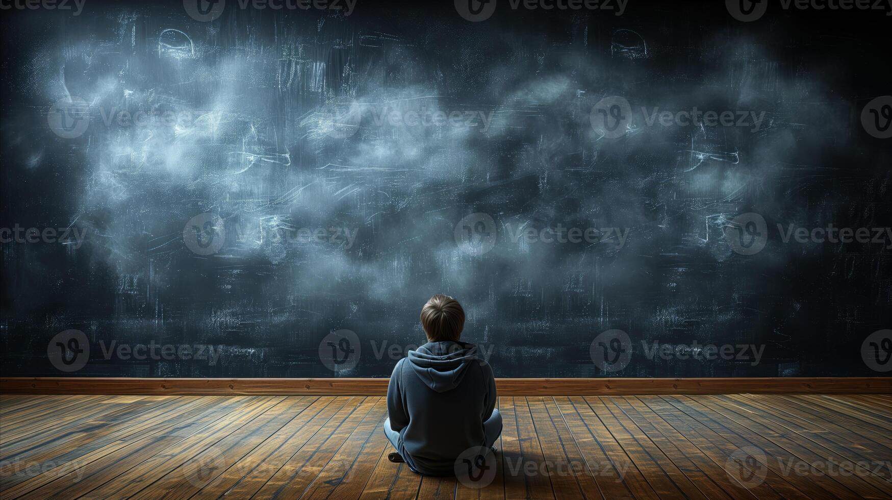 AI generated Person Contemplating in Front of a Chalkboard Wall ...