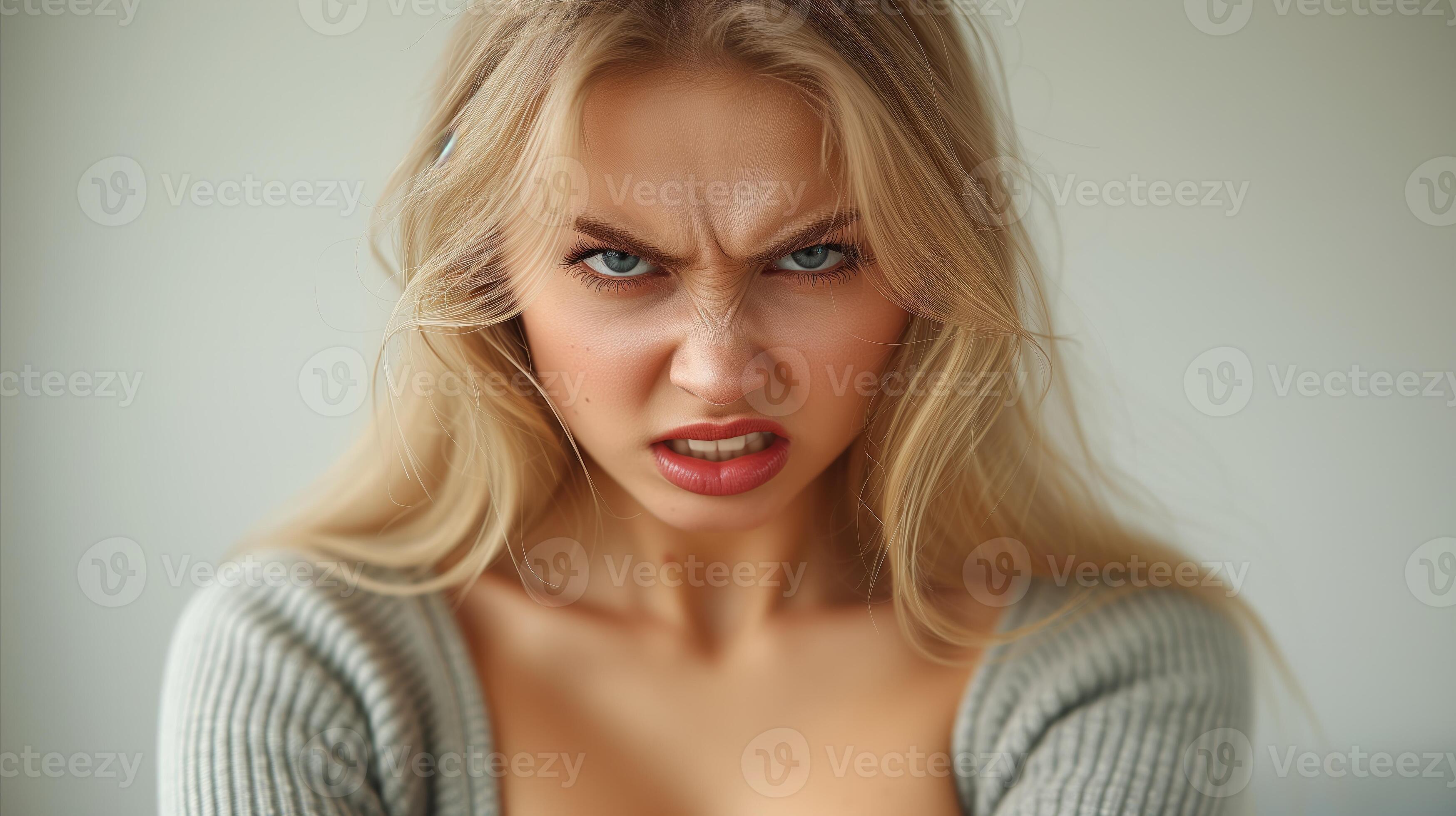 AI generated Blonde woman making an angry face with furrowed brows ...