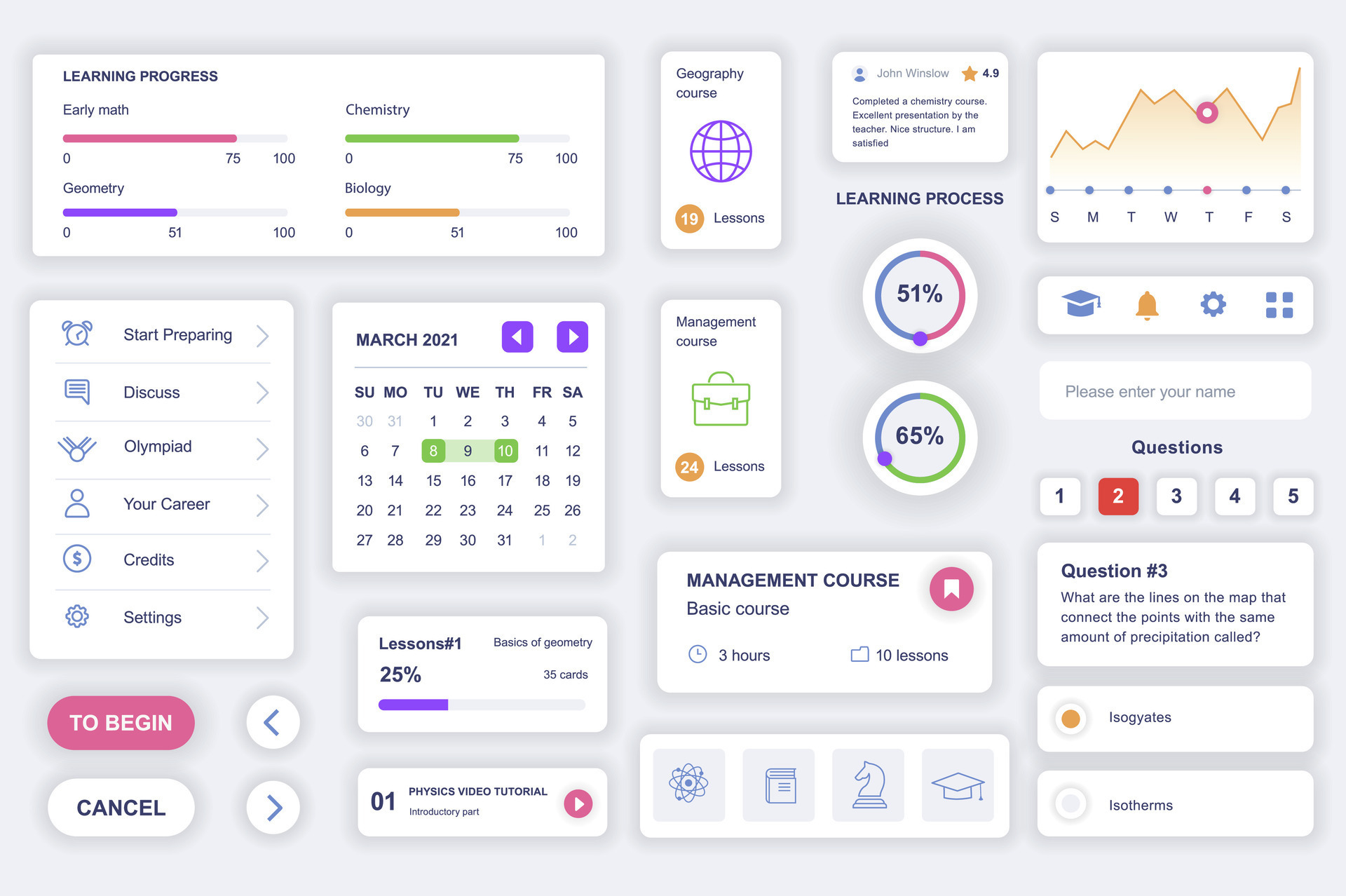 User interface elements set for education mobile app. Kit template with ...