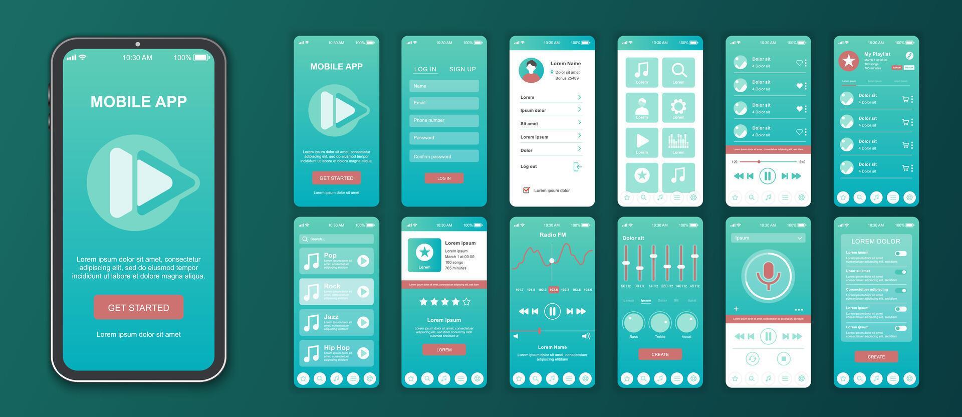 Music mobile app interface screens template set. Online account, playlist, song rating, audio ...