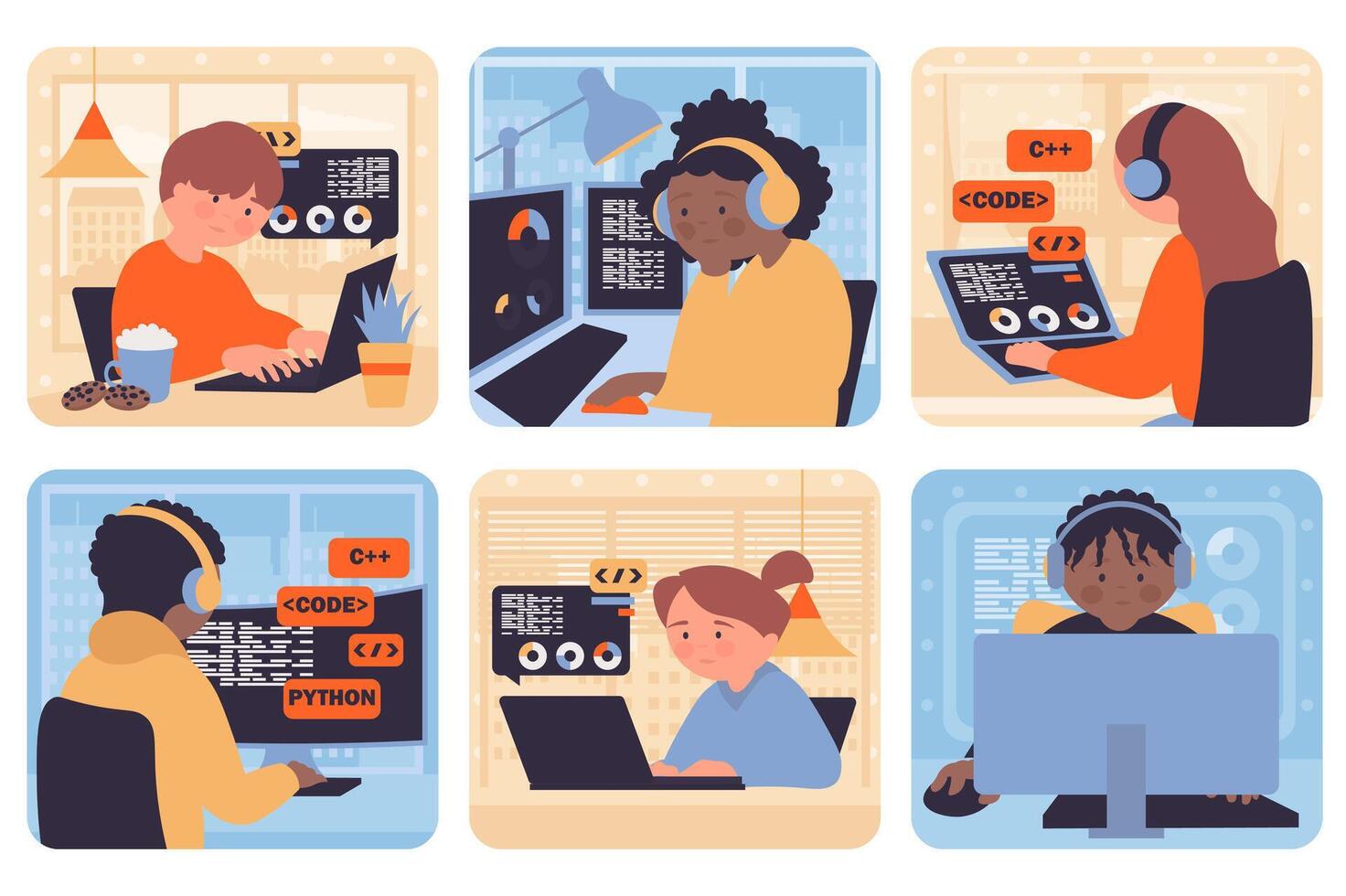 Programming Concept With People Situation Set In Flat Web Design Bundle Scenes With Multiethnic