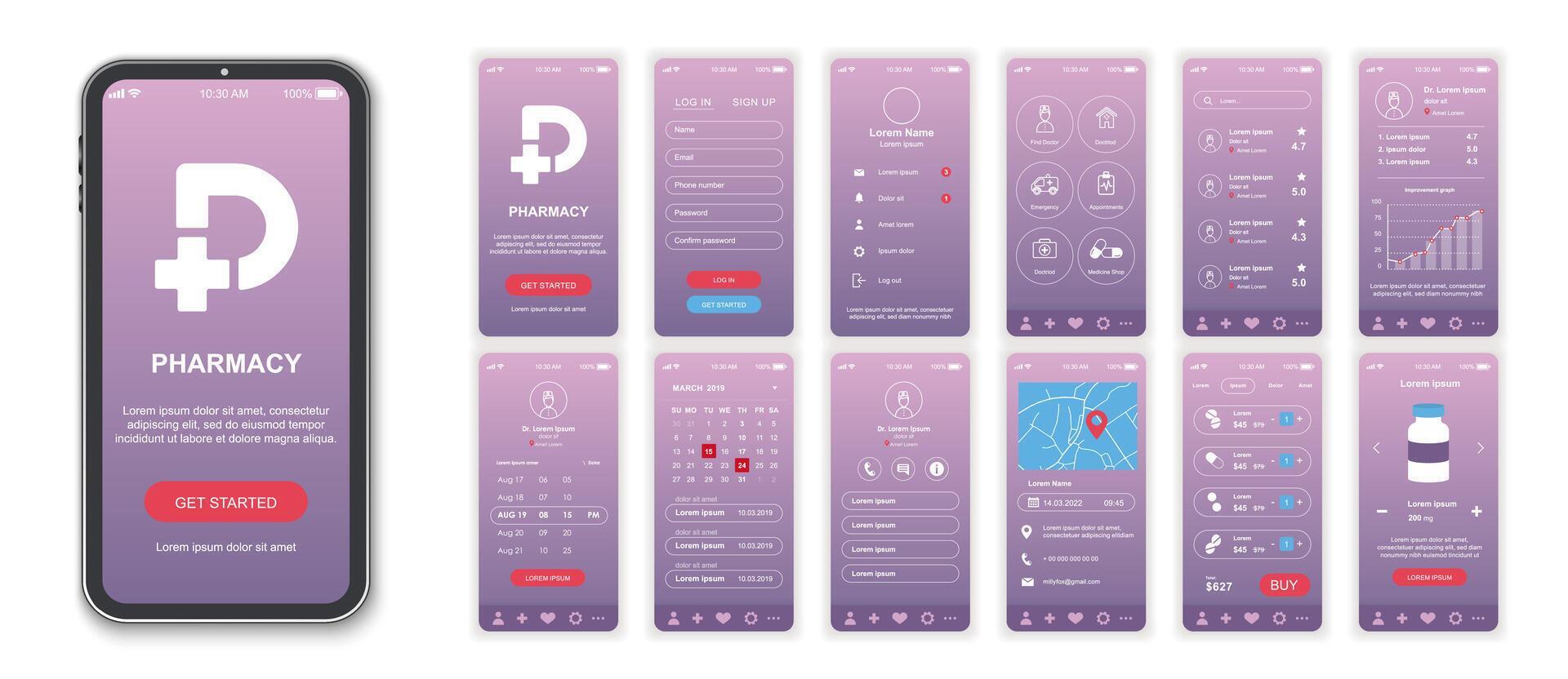 Pharmacy mobile app interface screens template set. Online account ...