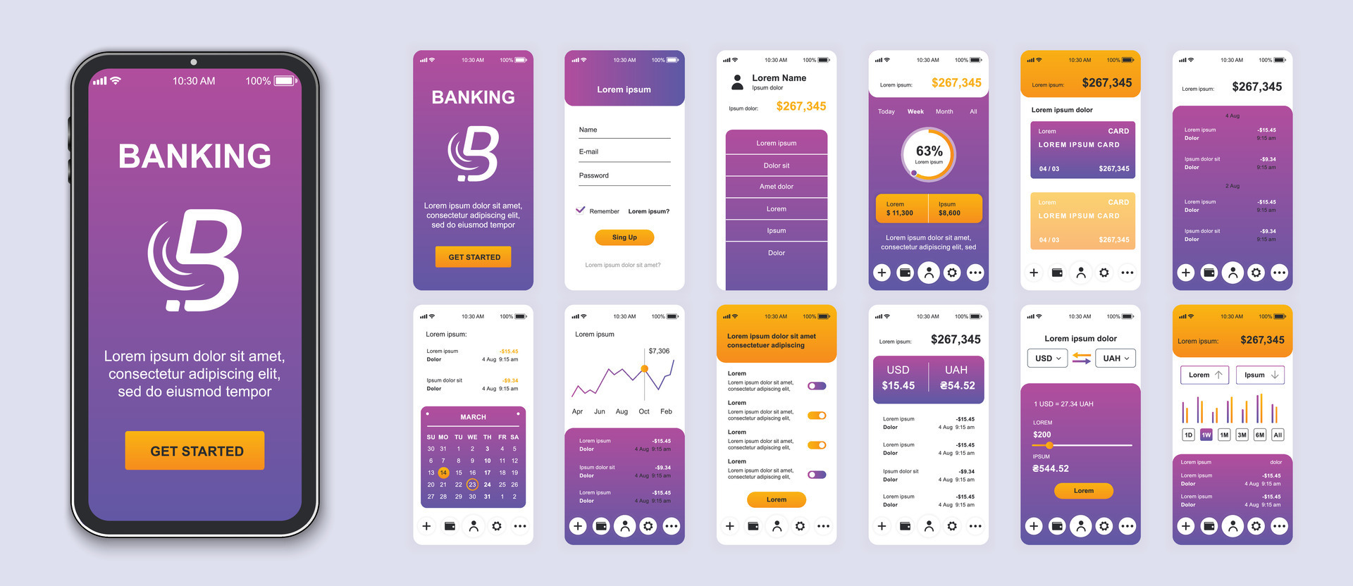 Banking mobile app interface screens template set. Account login, balance of credit card ...