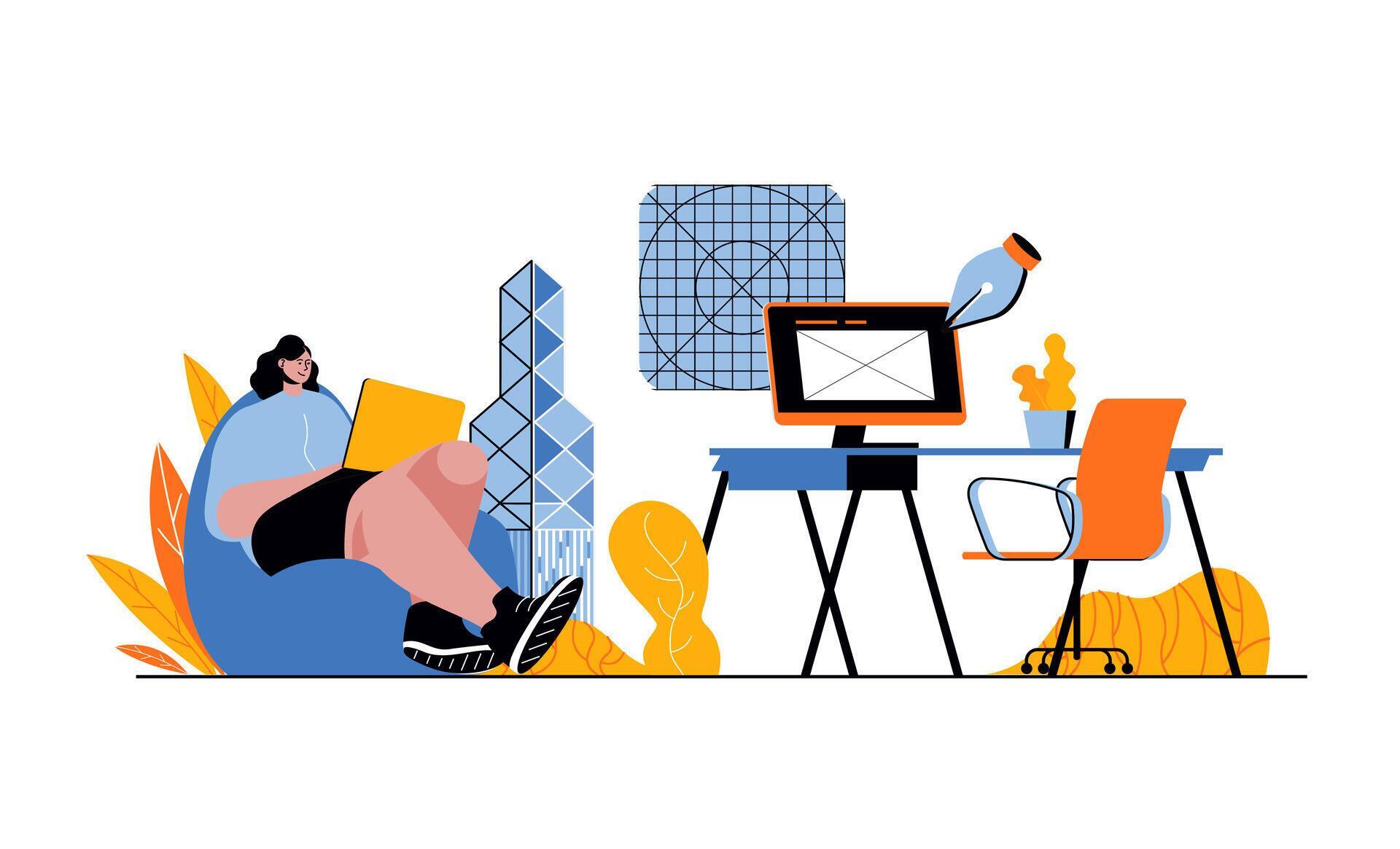 Designer agency web concept with people in flat cartoon design. Woman ... Designer agency web concept with people in flat cartoon design. Woman ...