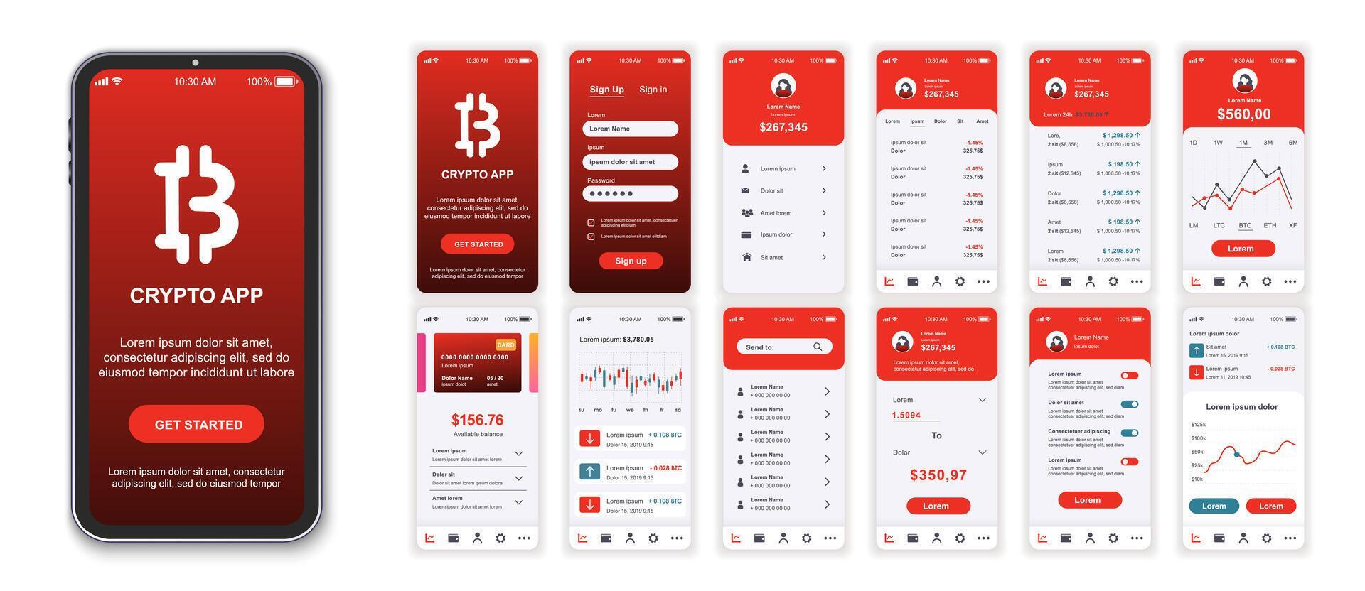 Crypto mobile app interface screens template set. Online account, data analysis, earnings ...